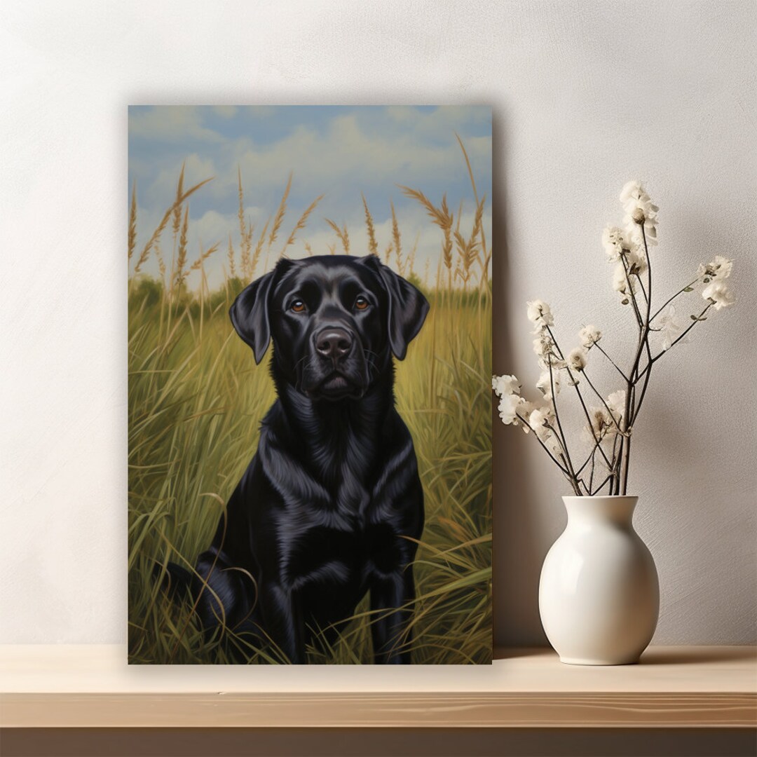 Vintage Black Labrador Retriever Portrait in Oil Painting Print on ...