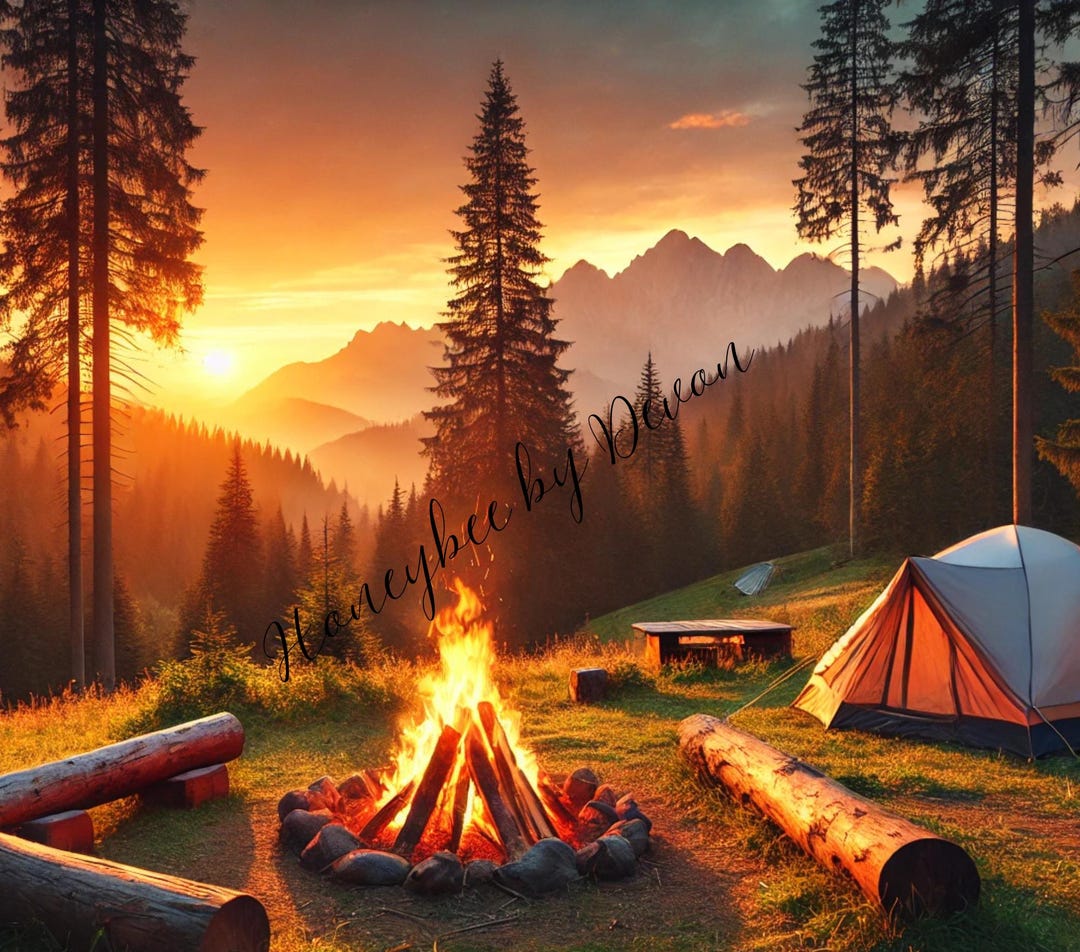 Camping Under Sunset, Mountains, Forest, Lakeside, Campfire, 20 Oz Tumbler, Skinny Tumbler ...