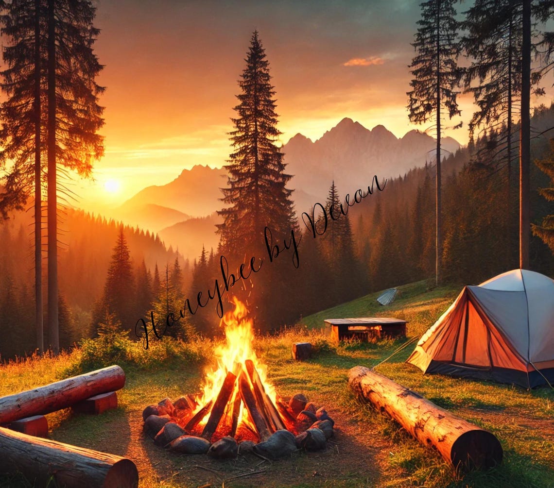 Camping Under Sunset, Mountains, Forest, Lakeside, Campfire, 20 Oz Tumbler, Skinny Tumbler ...