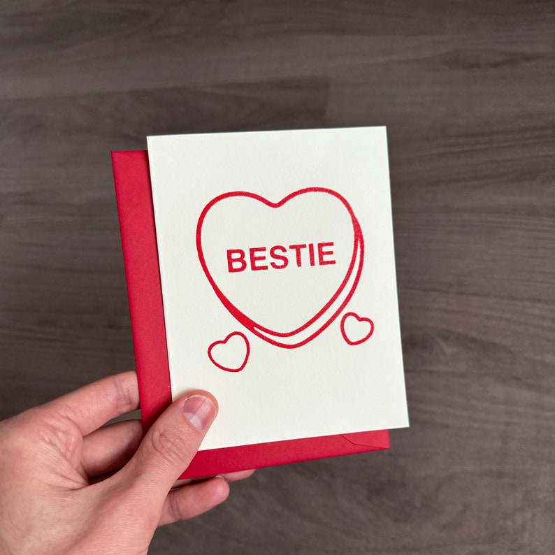 Valentines Day Card for Best Friend Bestie Red Heart Screen Printed ...