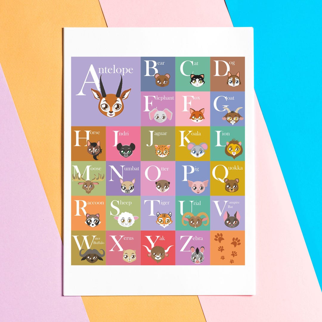 Animal Alphabet, Colorful Alphabet, Learning ABC Poster, Cute Preschool ...