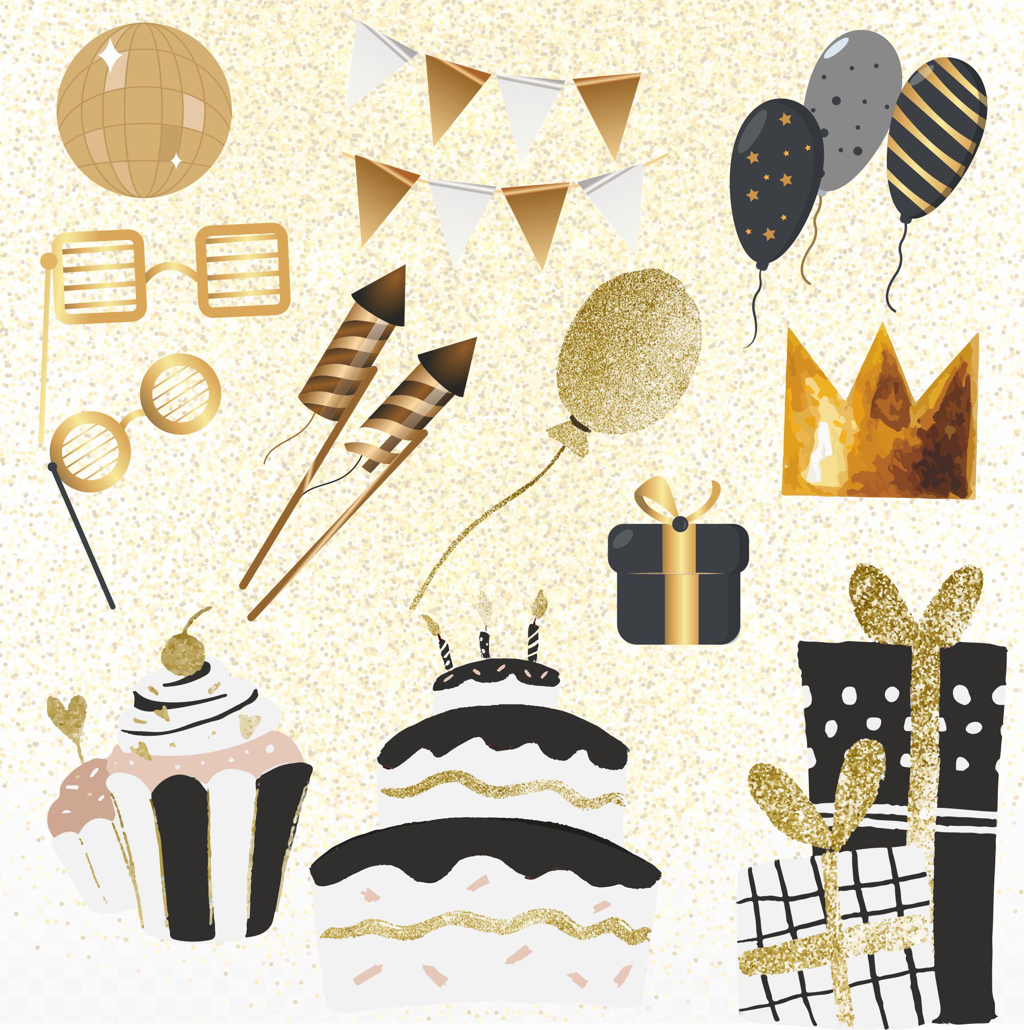 Happy Birthday Clip Art Gold Set, Watercolor Birthday Clip Art, Pastel ...