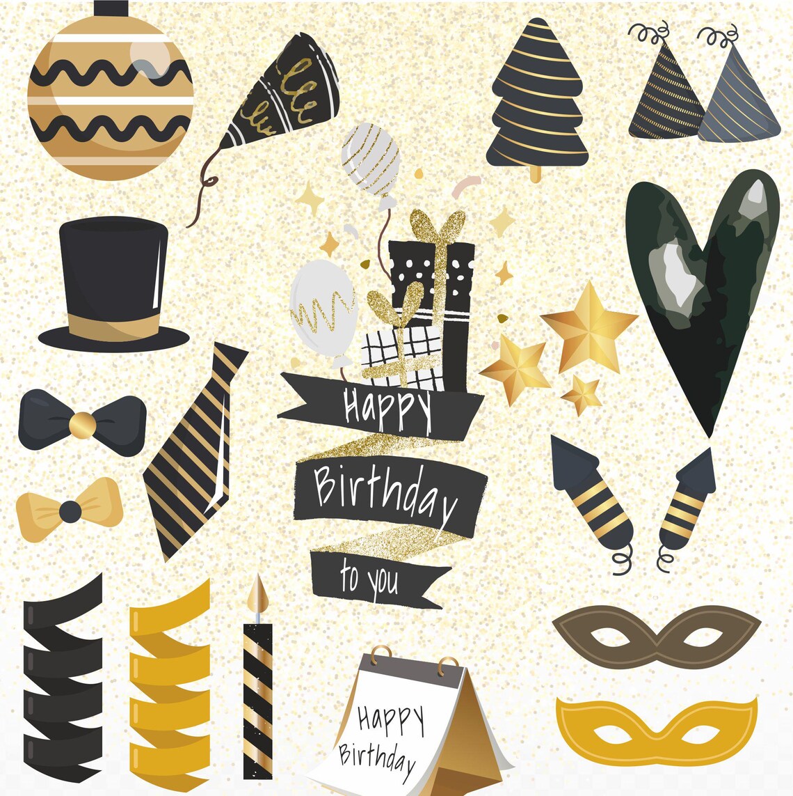 Happy Birthday Clip Art Gold Set, Watercolor Birthday Clip Art, Pastel ...