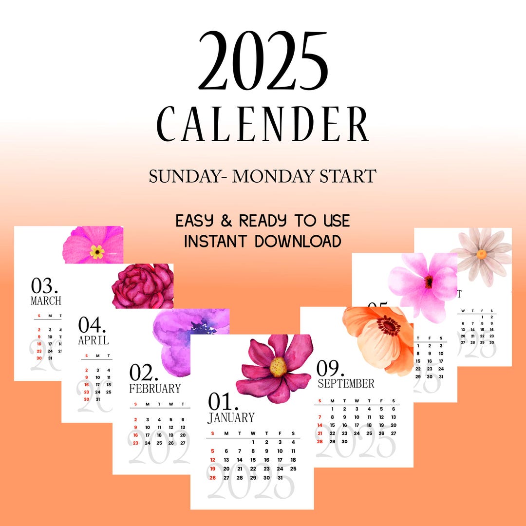 2025 Calendar Printable, Monthly Calendar Printable, Instant Calendar ...