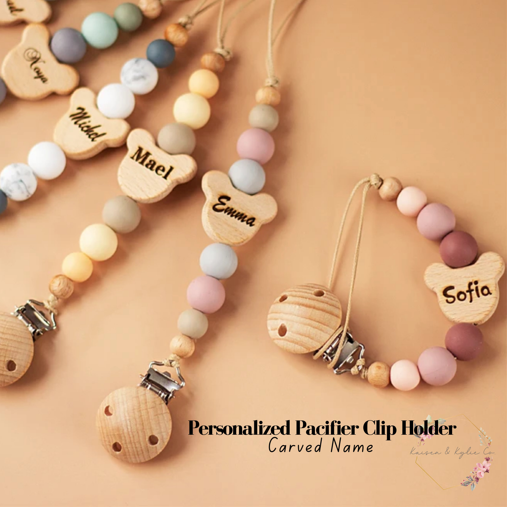 Custom Name Wooden Bear Pacifier Clip Holder With Silicone Bead ...