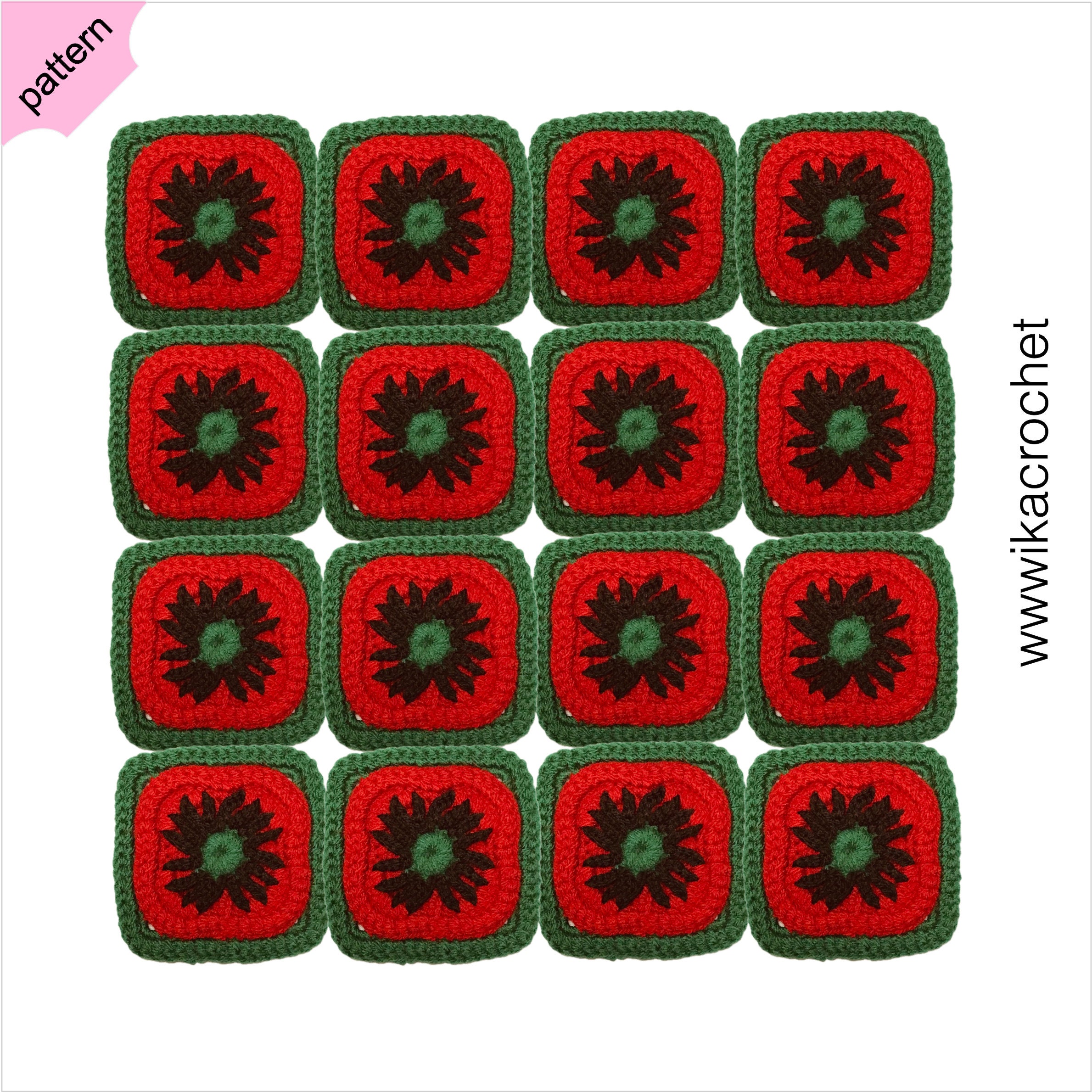Red Flower Granny Square Crochet Pattern for Pillow and Baby Blanket ...