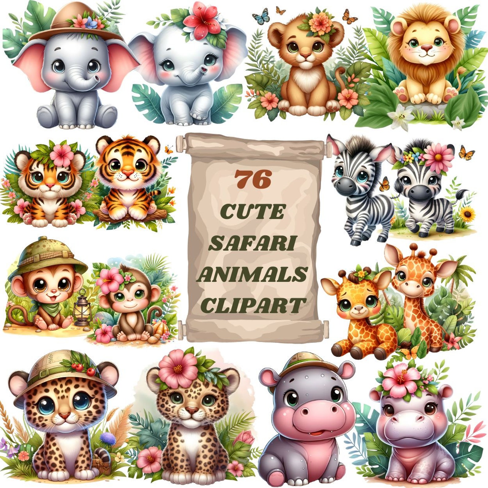 Cute Safari Clipart,watercolor Safari Animal,jungle Baby Animals ...