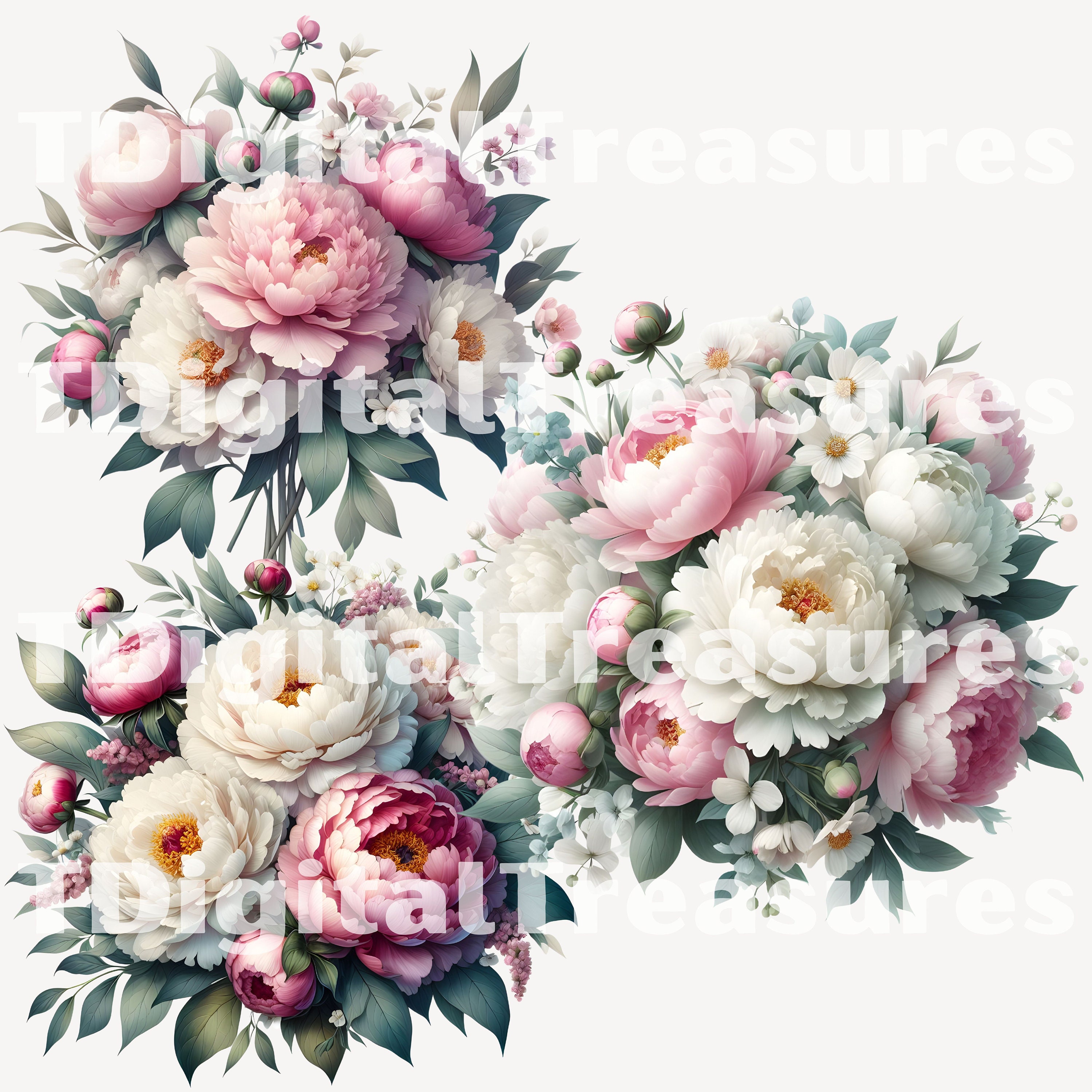 Peonies Clipart Bundle,watercolor Pink and White Peonies,peony Buqet ...