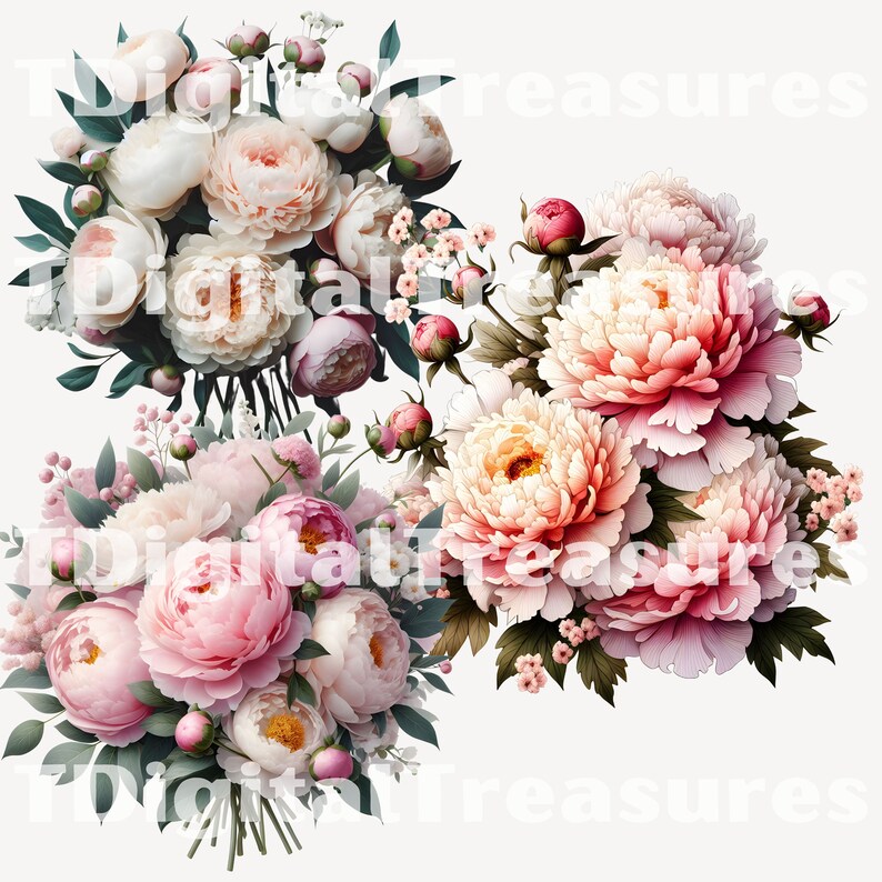 Peonies Clipart Bundle,watercolor Pink and White Peonies,peony Buqet ...