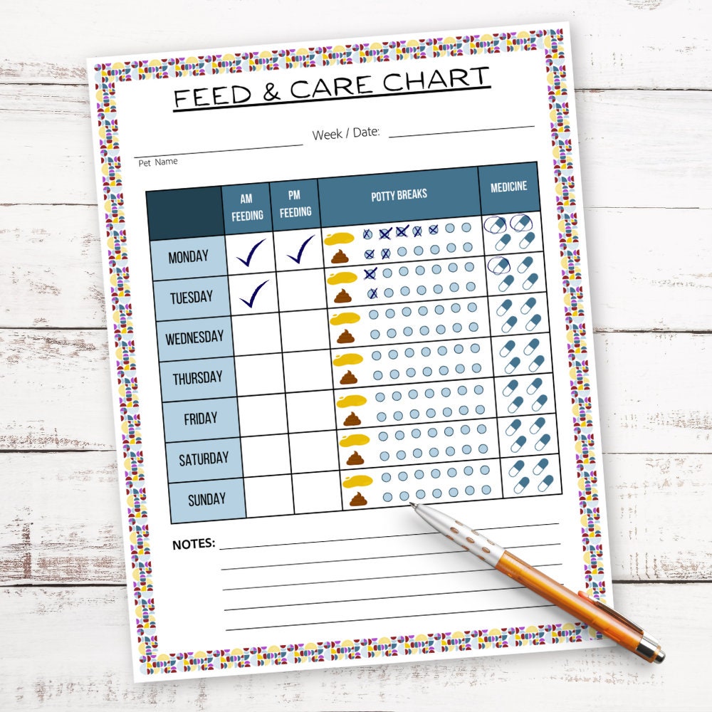 PRINTABLE Weekly Pet Puppy Dog Care & Feeding Chart | Dog Chore Chart ...