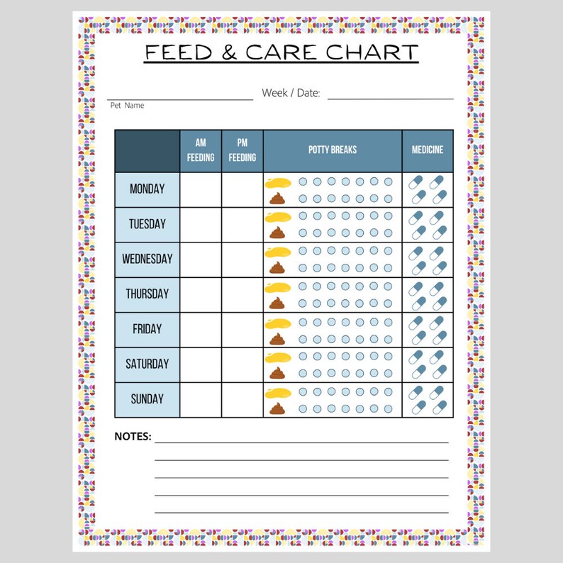 PRINTABLE Weekly Pet Puppy Dog Care & Feeding Chart | Dog Chore Chart ...