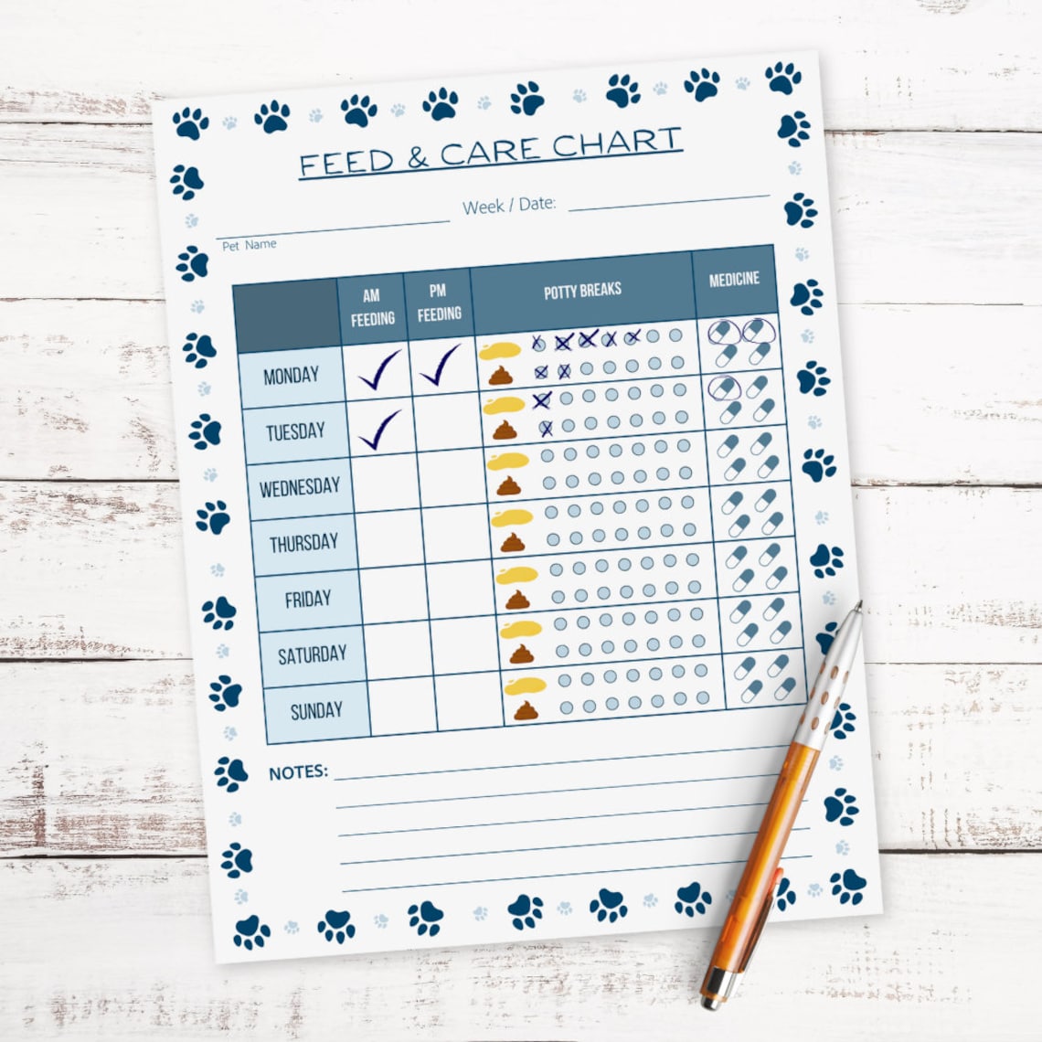 Printable Weekly Puppy Dog Schedule | Kids Chore Chart for Dog | Blue ...
