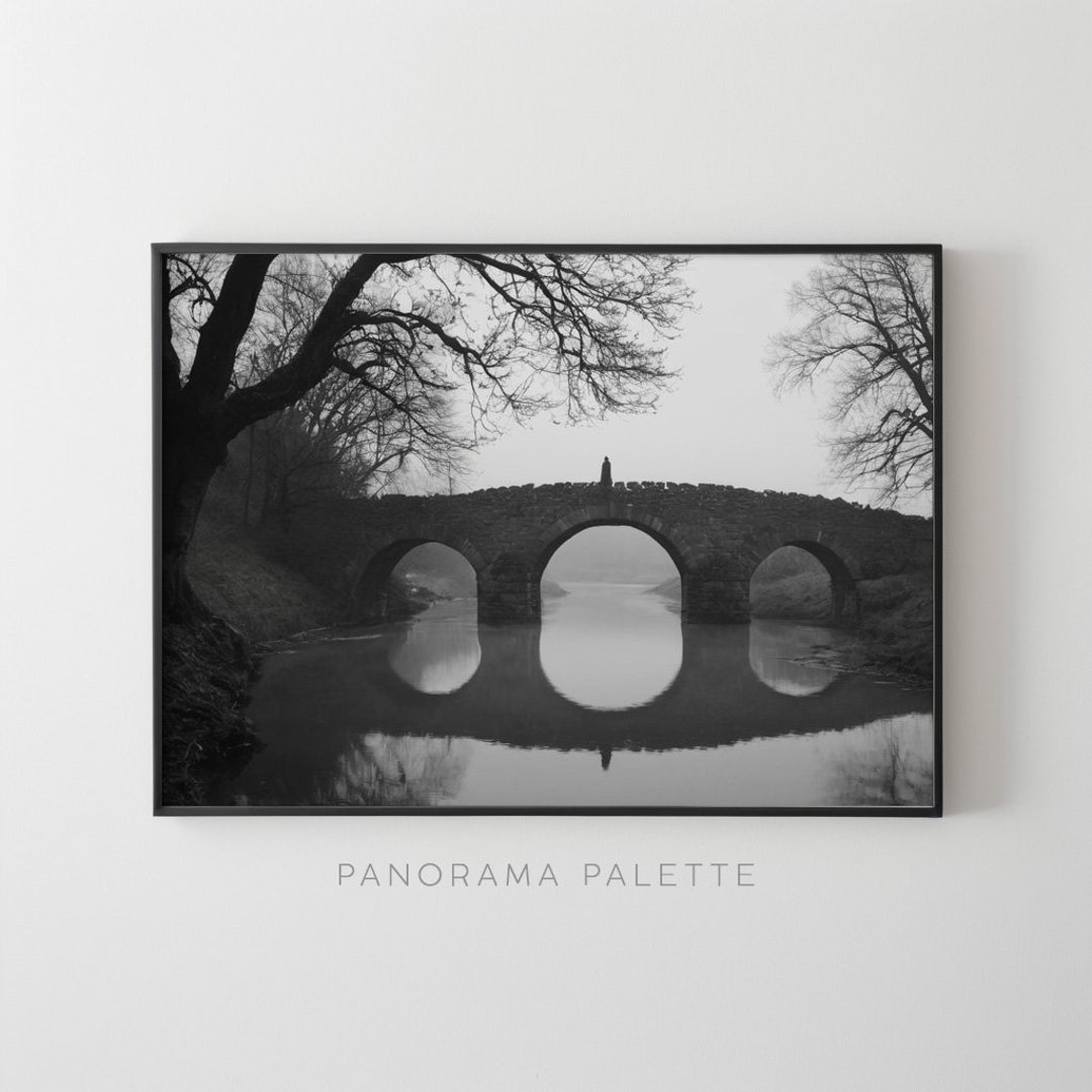 Medieval Bridge in Mist Art, Monochrome River Scene, Silhouetted Trees ...