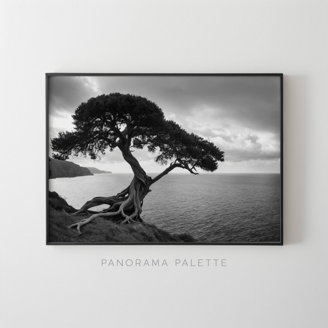 Monochrome Cliffside Tree, Twisted Roots and Sea, Solitary Tree ...