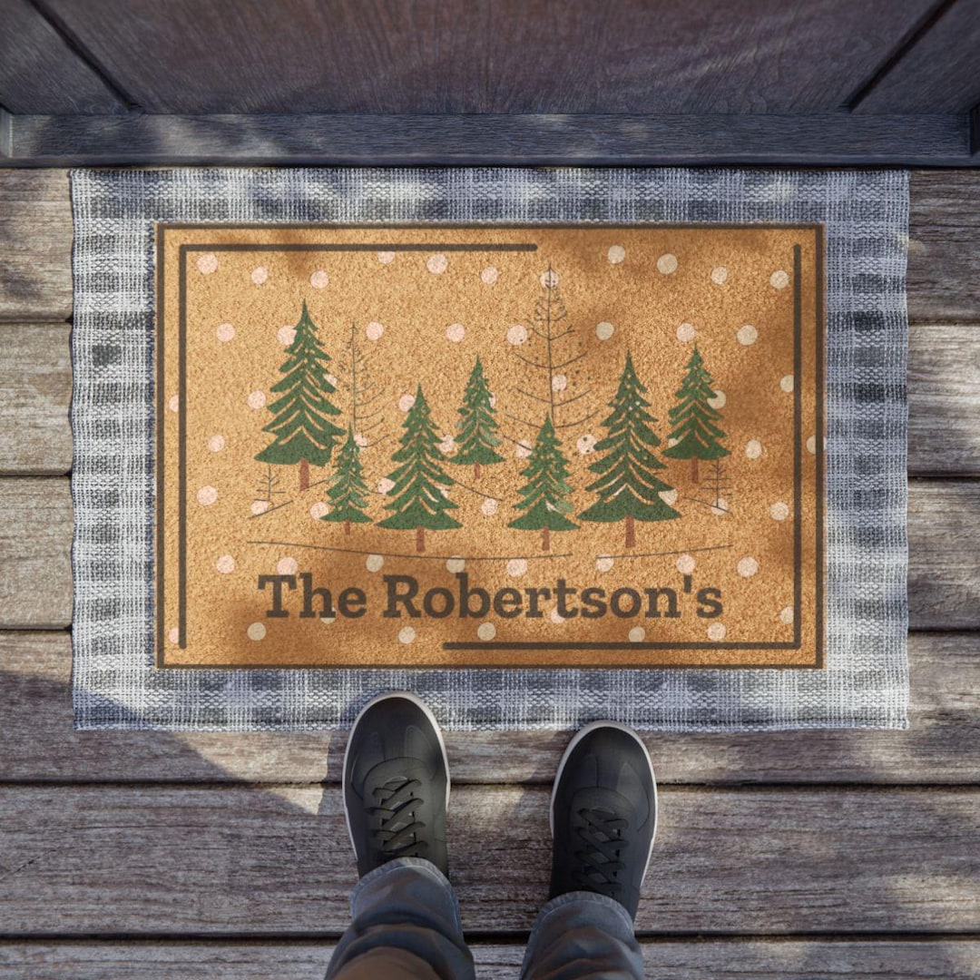 Custom Snowy Forest and Pine Trees Natural Theme Christmas Doormat ...