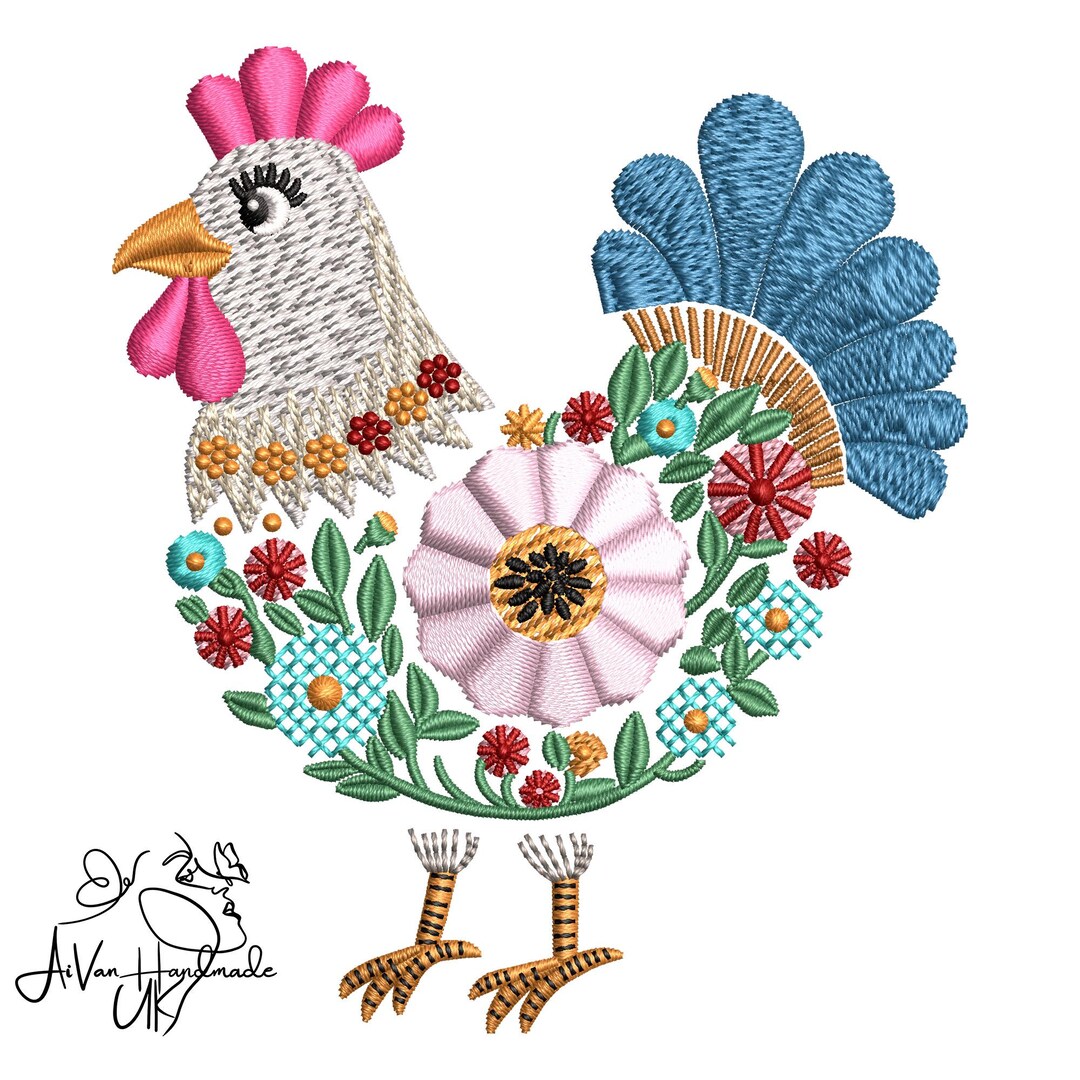 Floral Chicken Embroidery Design, Funny Crazy Chicken Embroidery Design ...