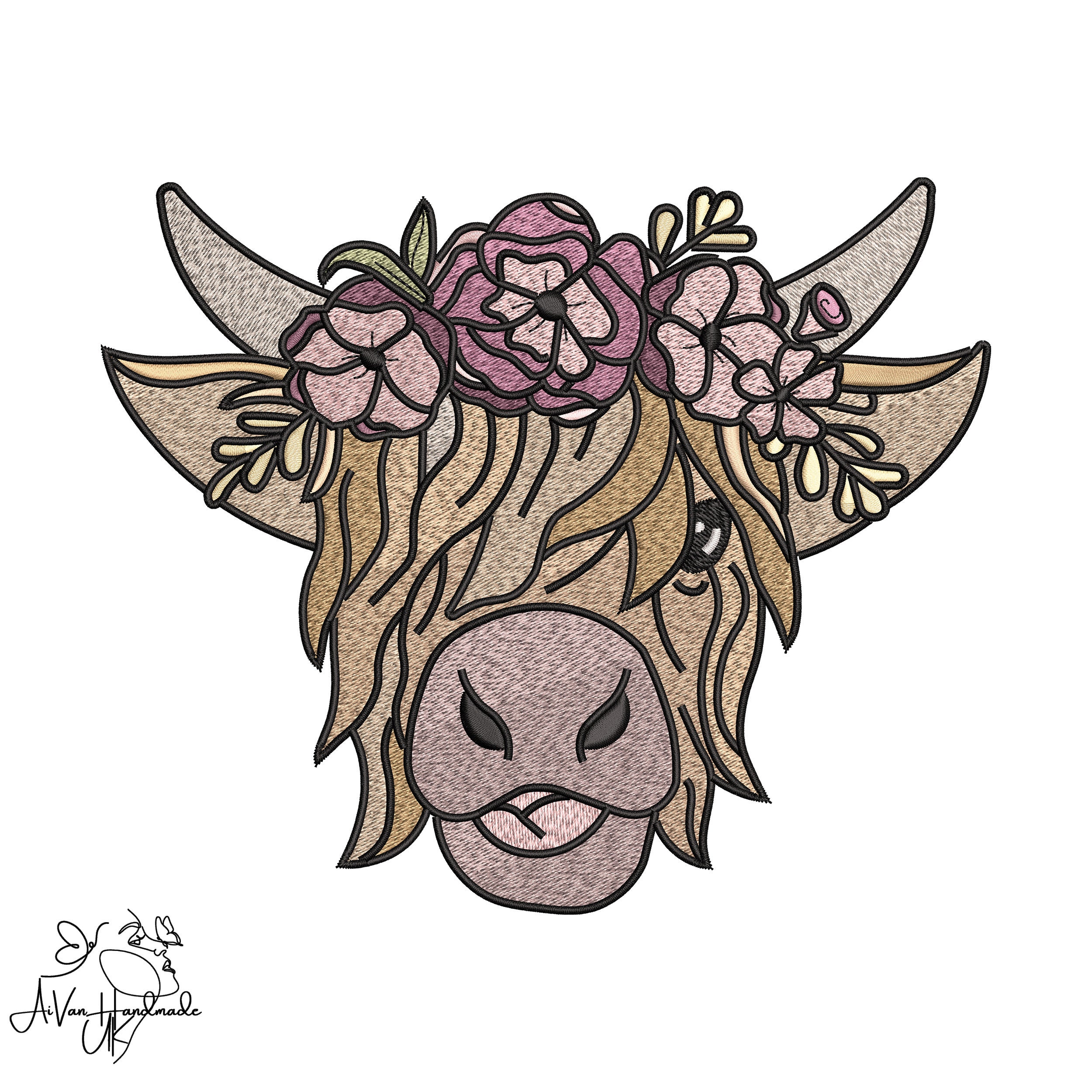 Floral Highland Cow Embroidery Designs Face Highland Cow Embroidery ...