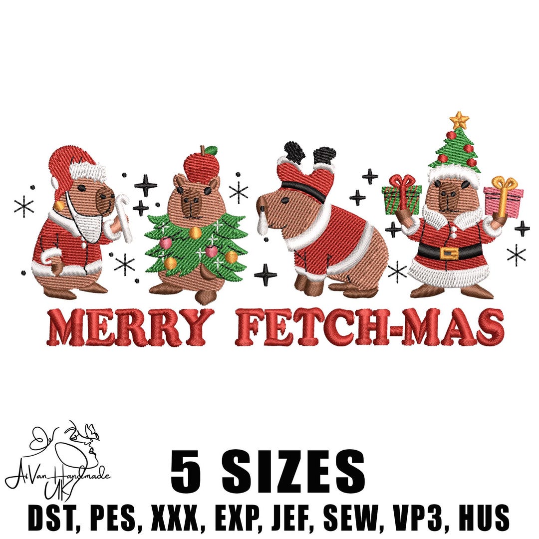 Merry Fetchmas Embroidery Designs, Christmas Capybara Santa Claus ...
