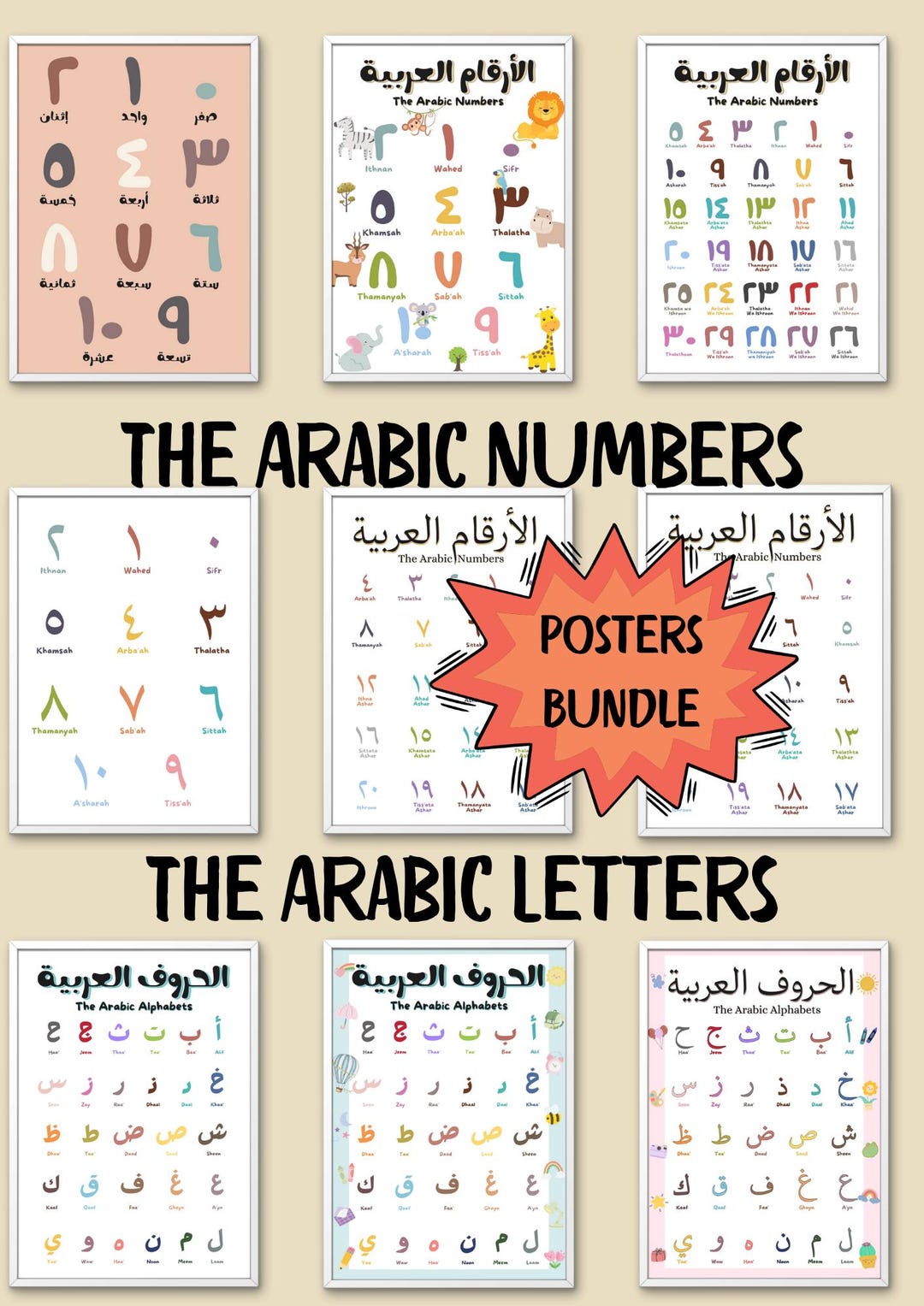 Arabic Letters & Numbers Poster Bundle, Arabic Alphabets Poster, Arabic ...