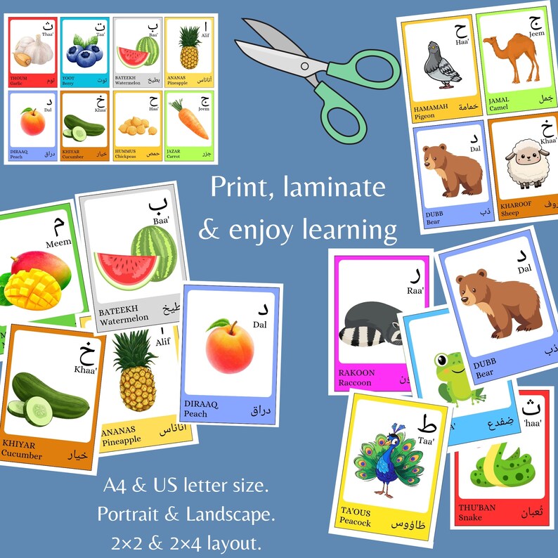 Arabic Alphabet Cards, Animals Flashcards in Arabic, Arabic Fruits ...