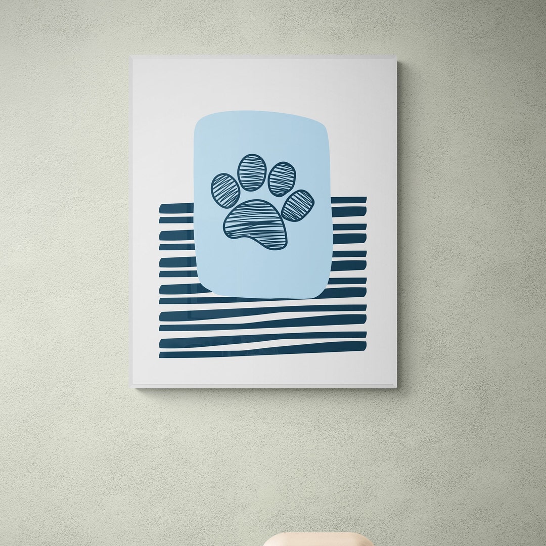 Blue Abstract Paw Line Art Print, Paw Print Wall Art, Cat Wall Art ...