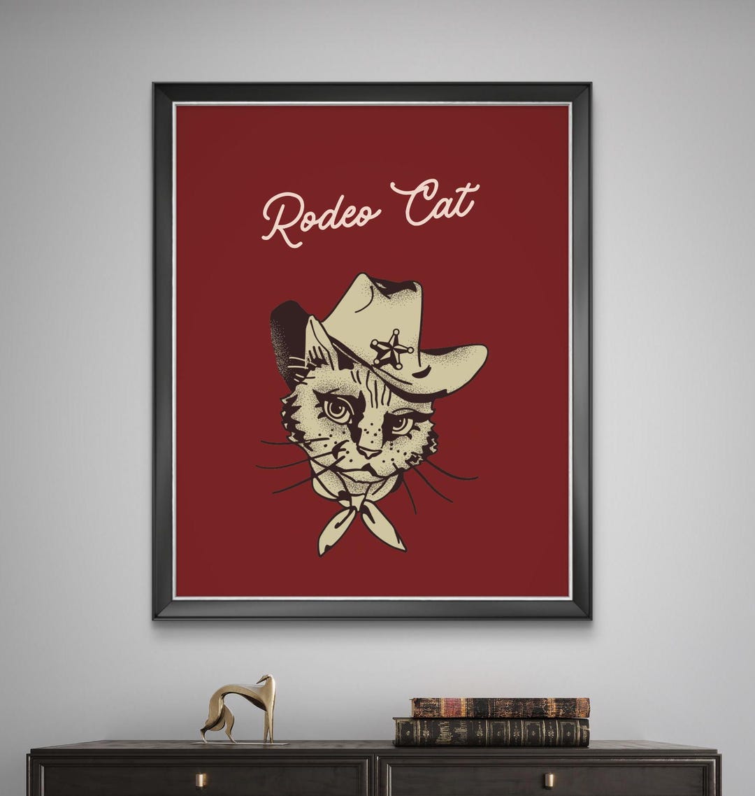 Rodeo Cat Cowboy Cat Art Print, Retro Wall Art, Vintage Art, Red Wall ...