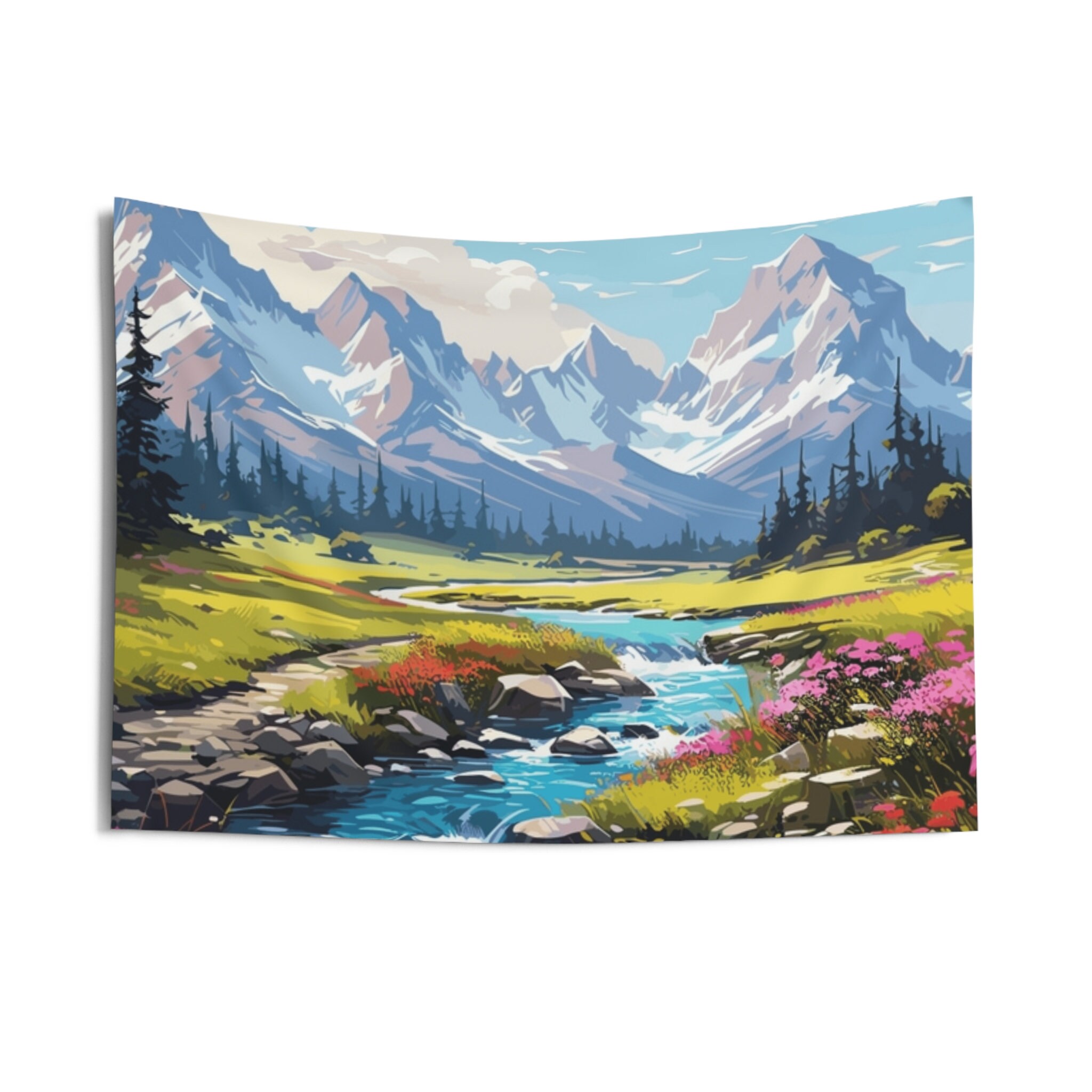 Mountain Landscape Wall Tapestry - Colorful Forest Meadow River Scene ...