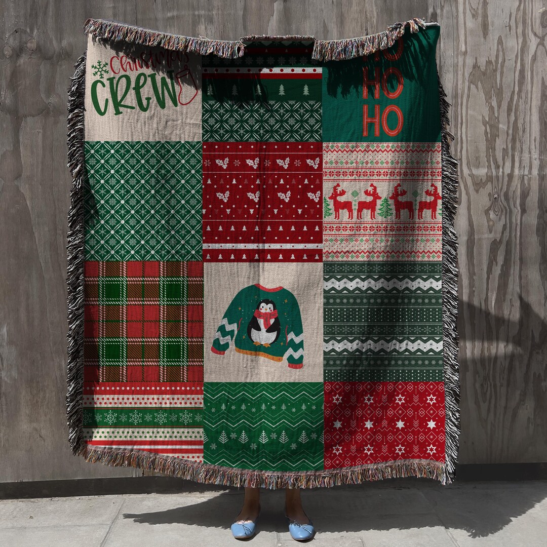 Patchwork Christmas Blanket - Woven Holiday Throw, Cozy Xmas Blanket ...