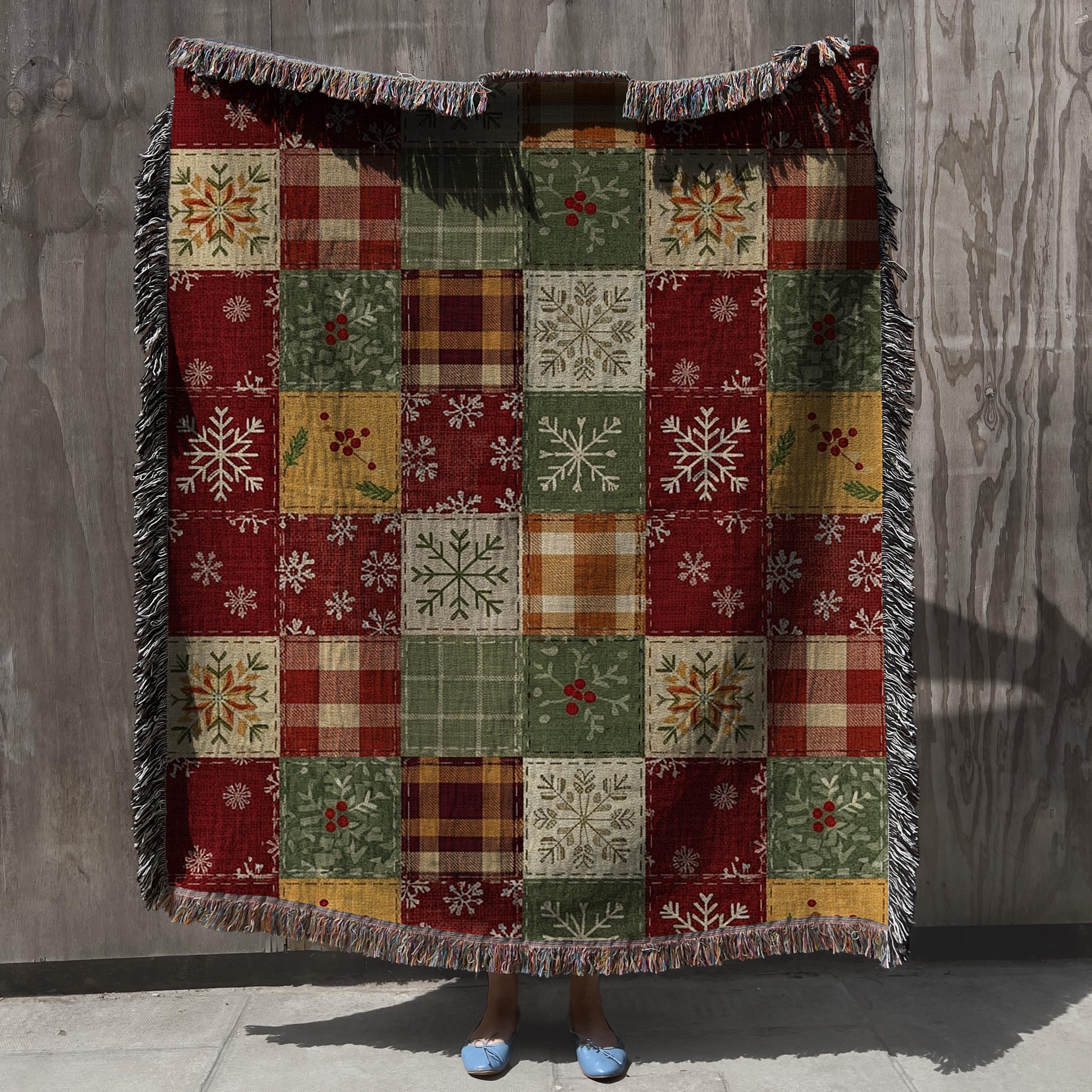 Primitive Christmas Patchwork Woven Throw Blanket, Rustic Folk Art ...