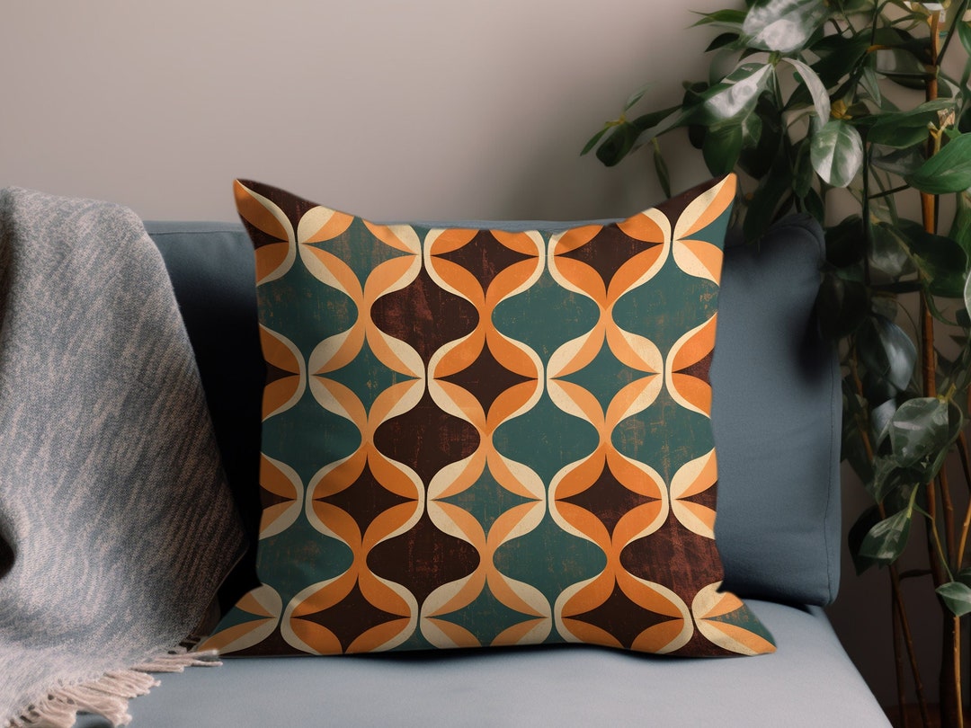Mid-century Modern Geometric Pillow in Orange and Teal, Retro Vintage ...