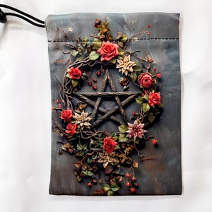 Tarot Card Bag Pentacle and Flowers, Tarot Pouch Satin, Drawstring ...