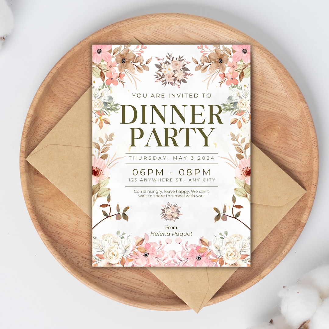 Dinner Party Invite Floral Brunch Party Invitation Card Pink Birthday ...