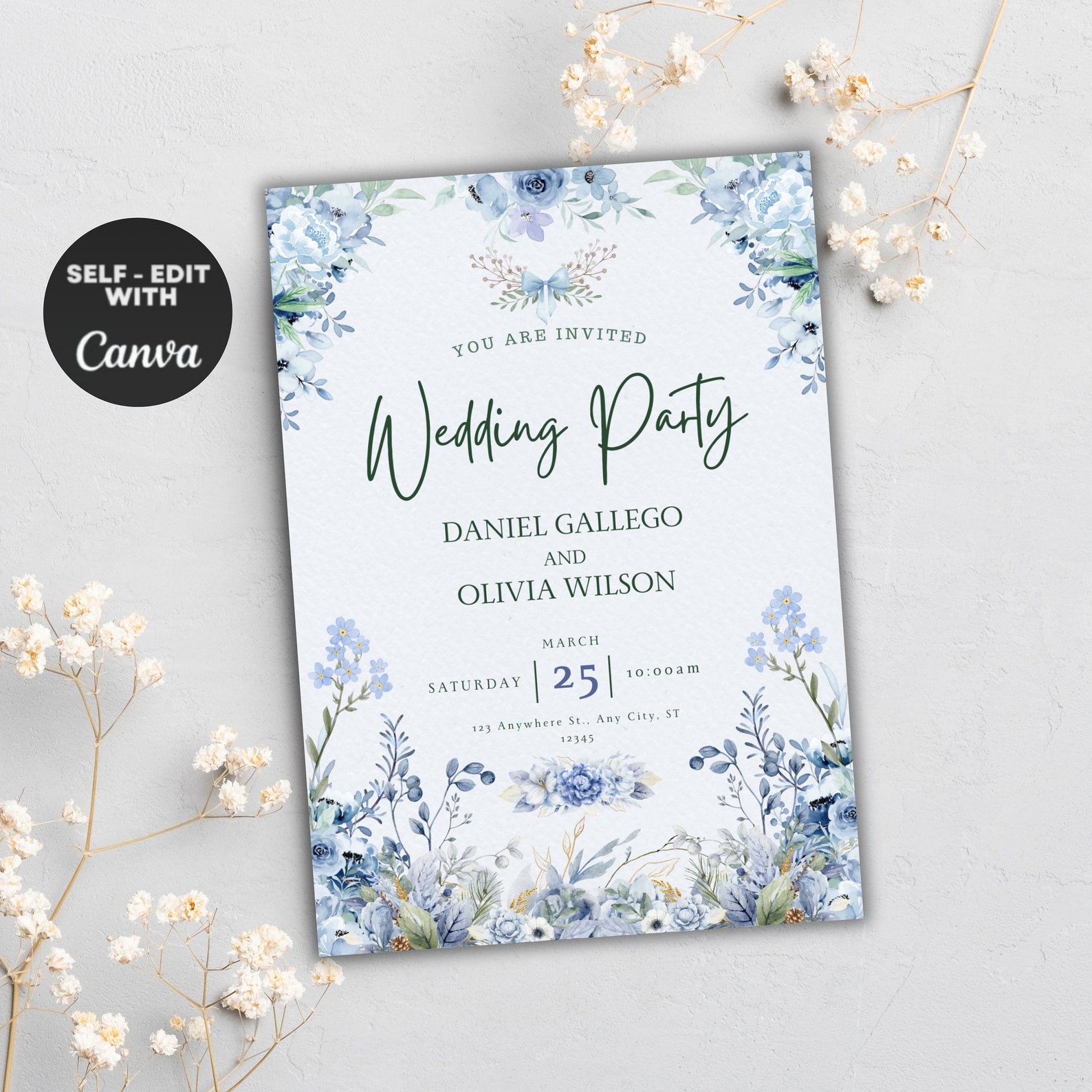 Blue Floral Wedding Invitation Blue Rustic Wedding Party Invite ...