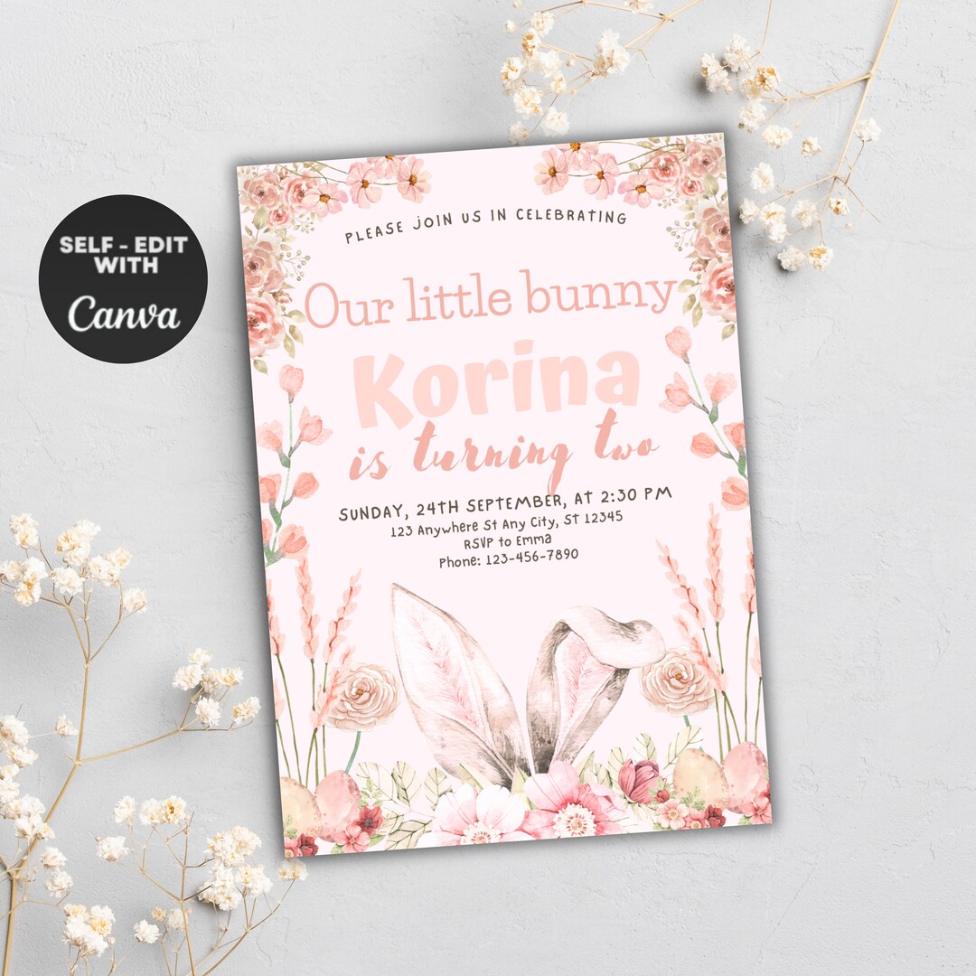 Little Bunny Birthday Invite Wildflower Birthday Invitation Pink Floral ...