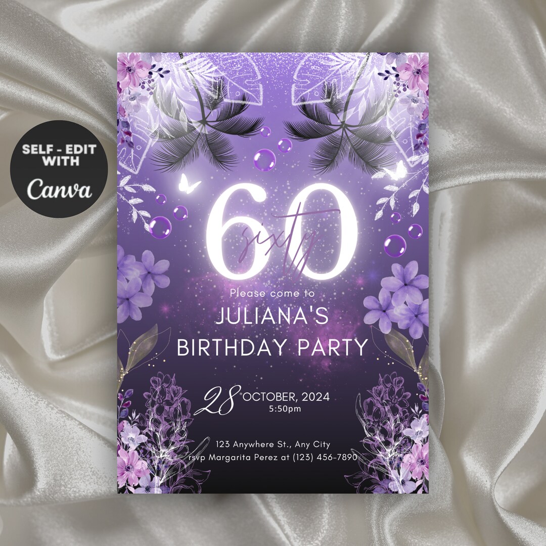 Editable Purple Birthday Invitation Card Girl Birthday Invite Purple ...