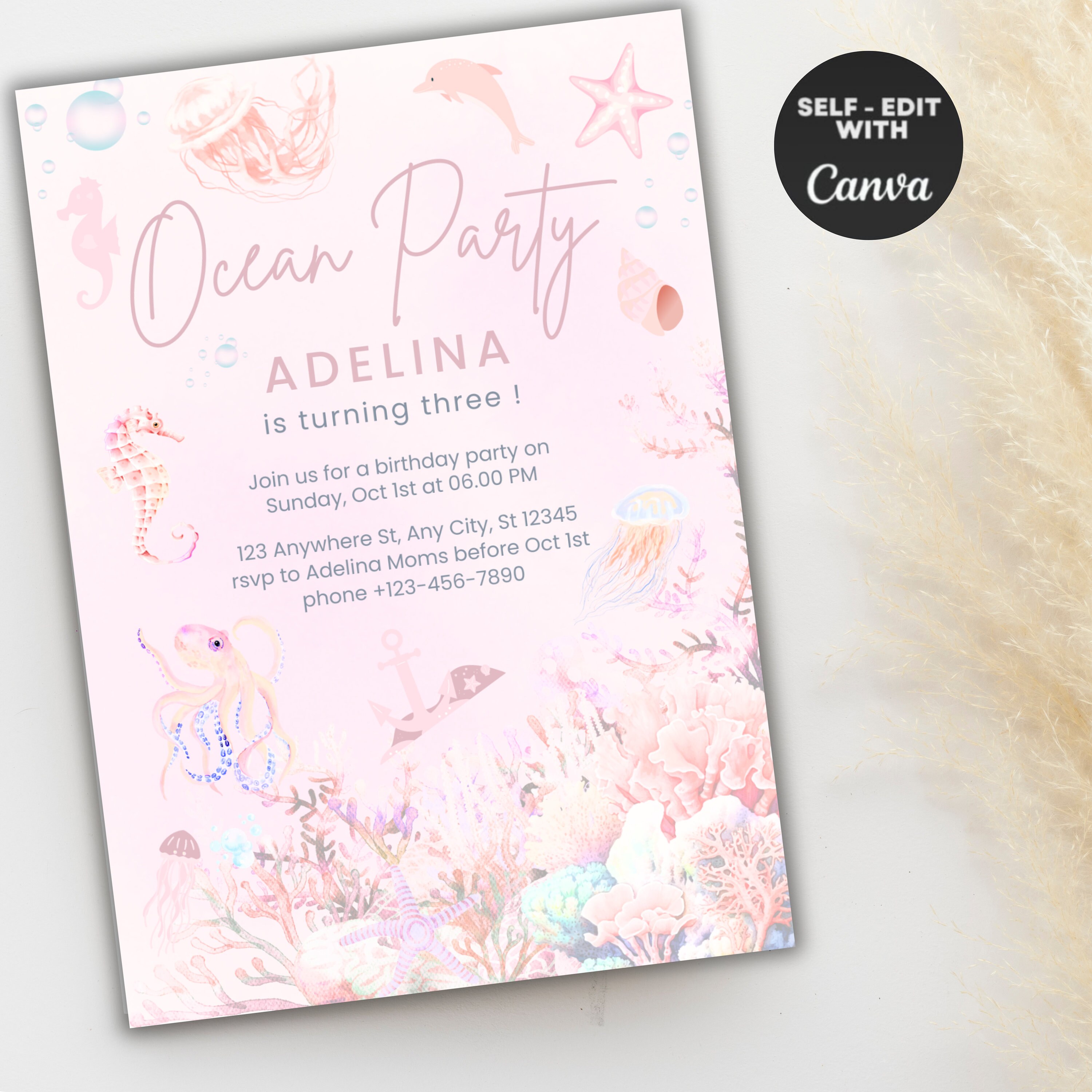 Pink Ocean Birthday Invite Under the Sea Party Template Mermaid ...