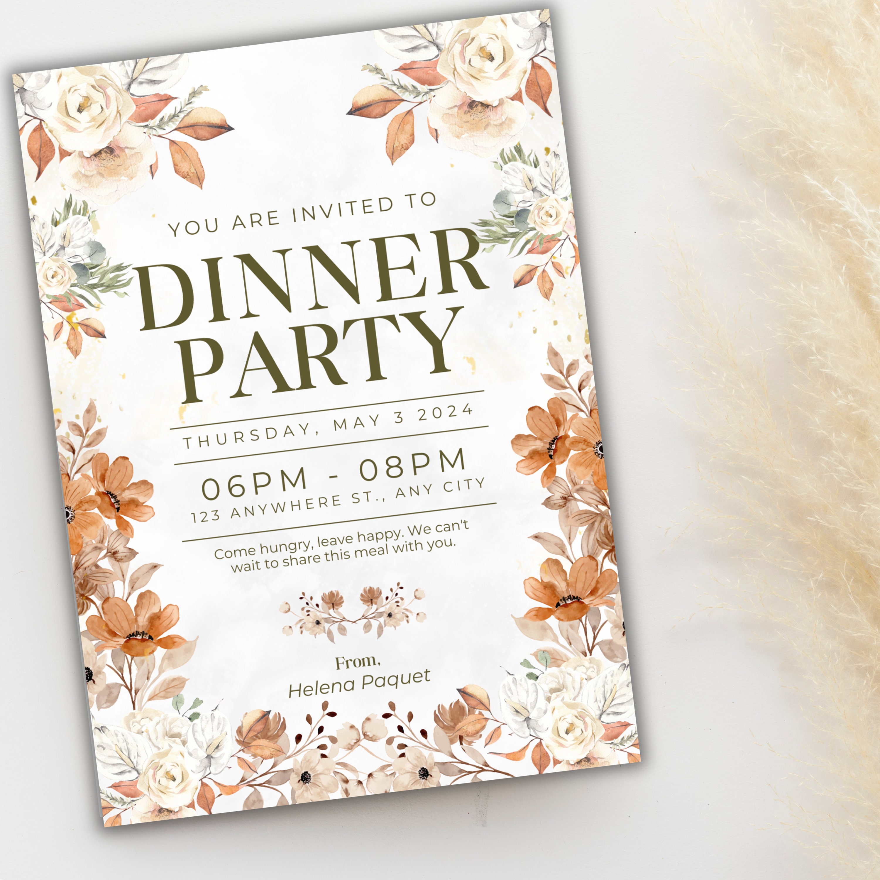 Wildflower Dinner Party Invite Floral Brunch Party Invitation Card ...