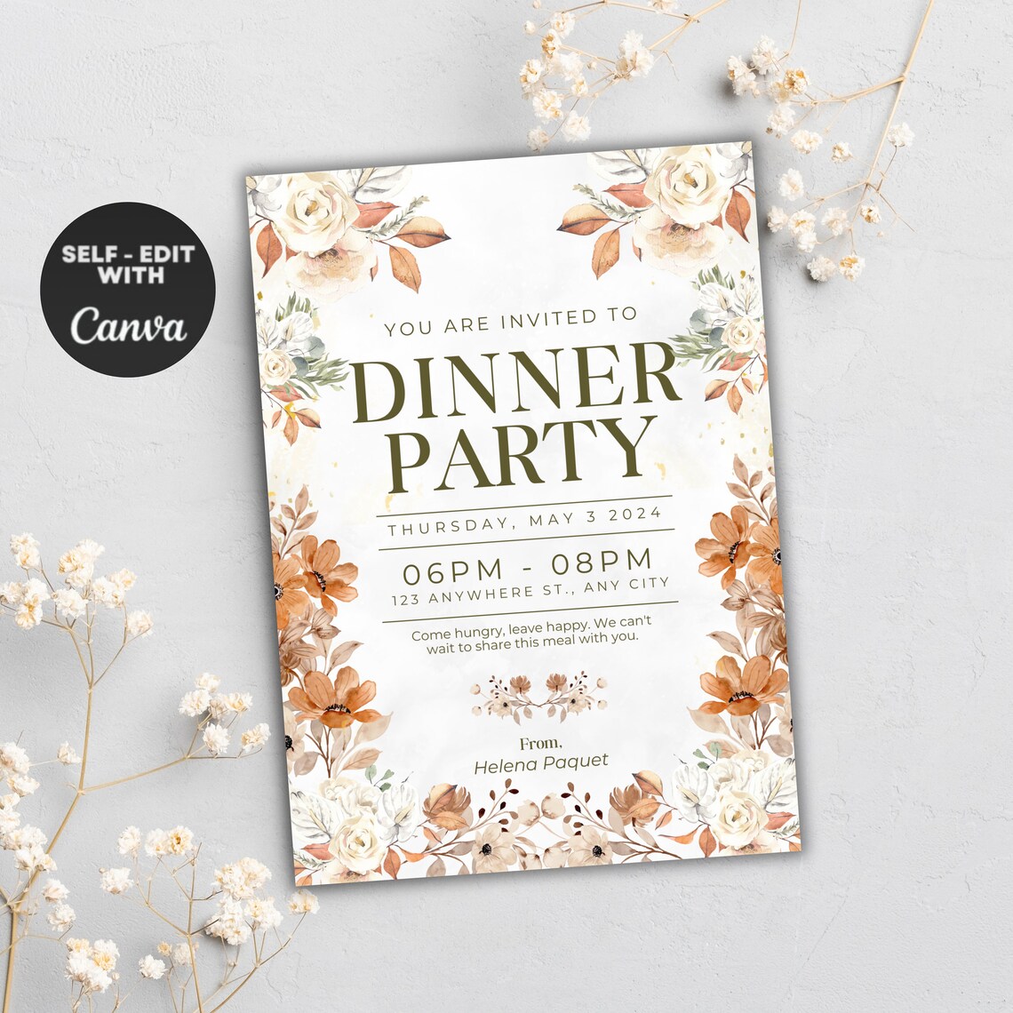 Wildflower Dinner Party Invite Floral Brunch Party Invitation Card ...