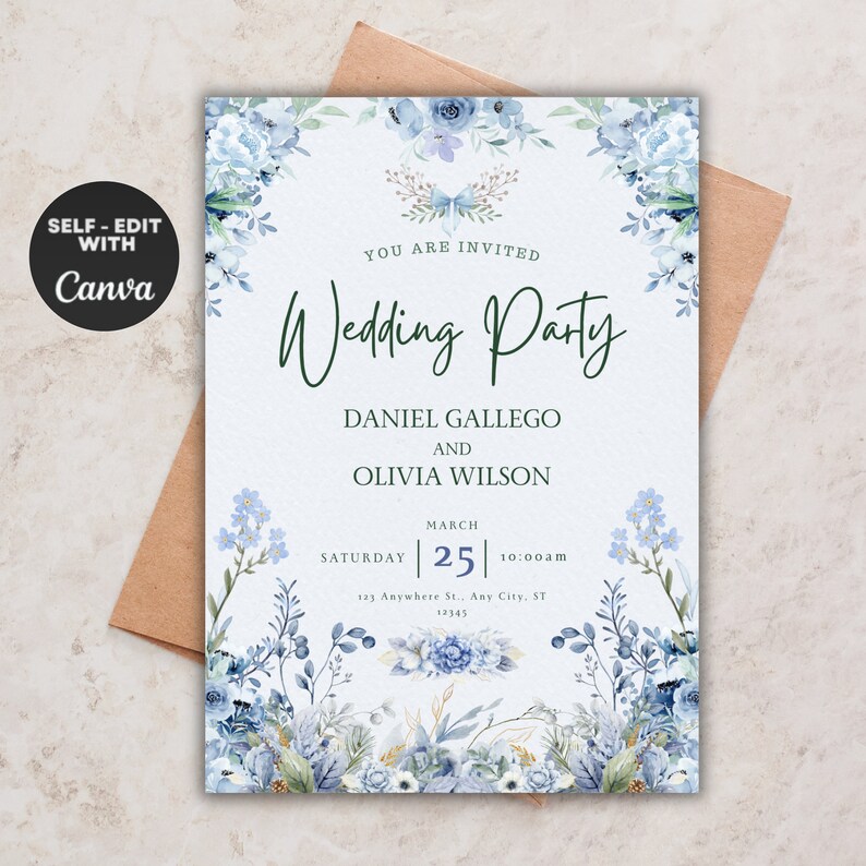 Blue Floral Wedding Invitation Blue Rustic Wedding Party Invite ...