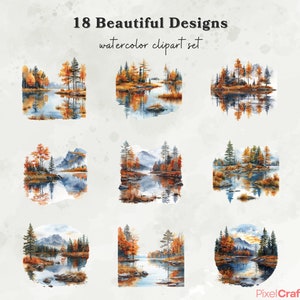 Watercolor Autumn Landscape Clipart, Autumn Lakeside Clipart, Fall ...