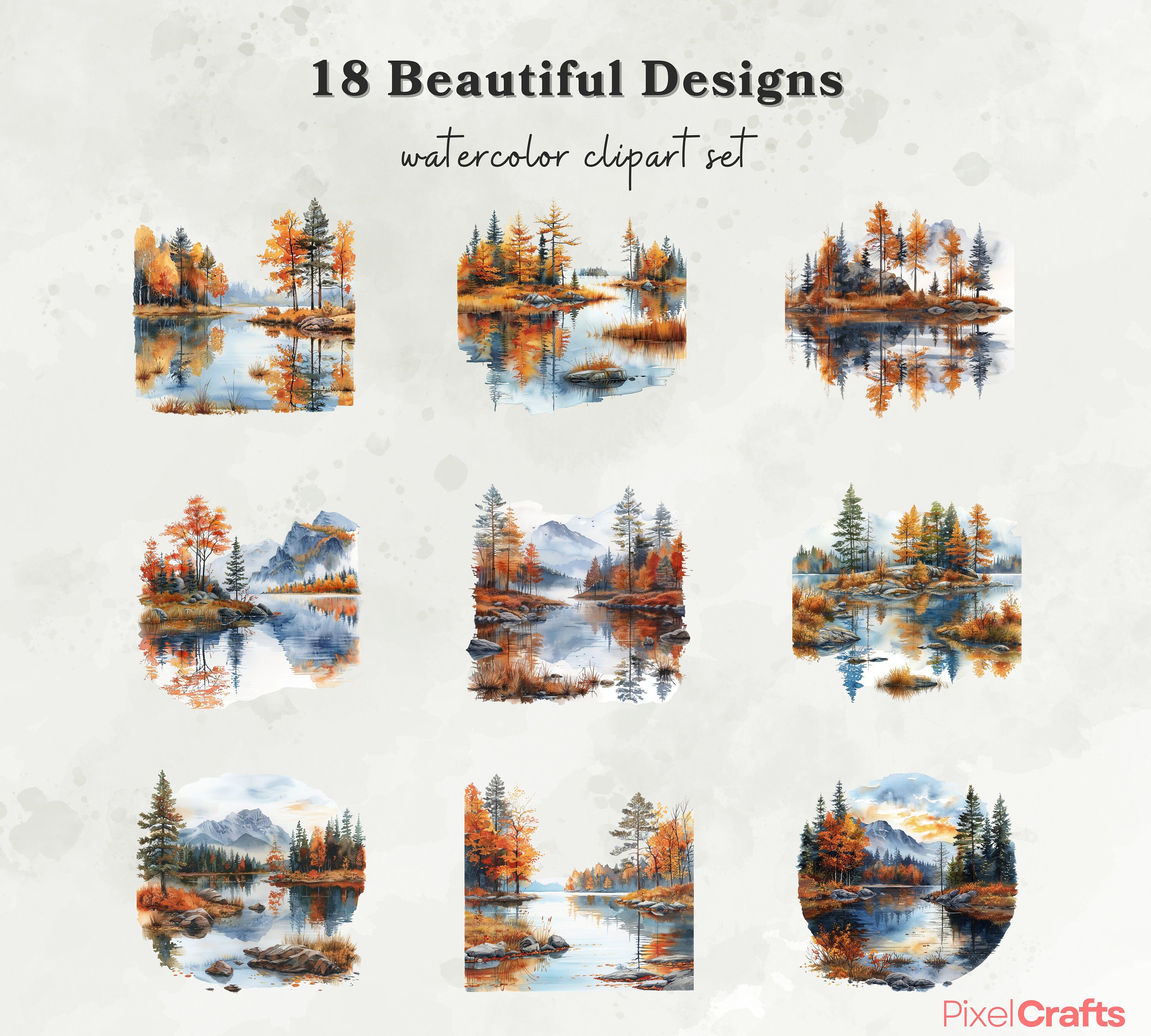 Watercolor Autumn Landscape Clipart, Autumn Lakeside Clipart, Fall ...
