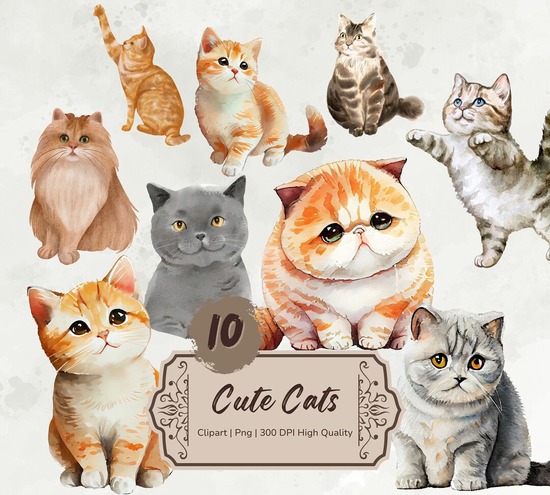 Cute Cats Clipart Bundle, Cats Watercolor Clipart, Animals Clipart ...