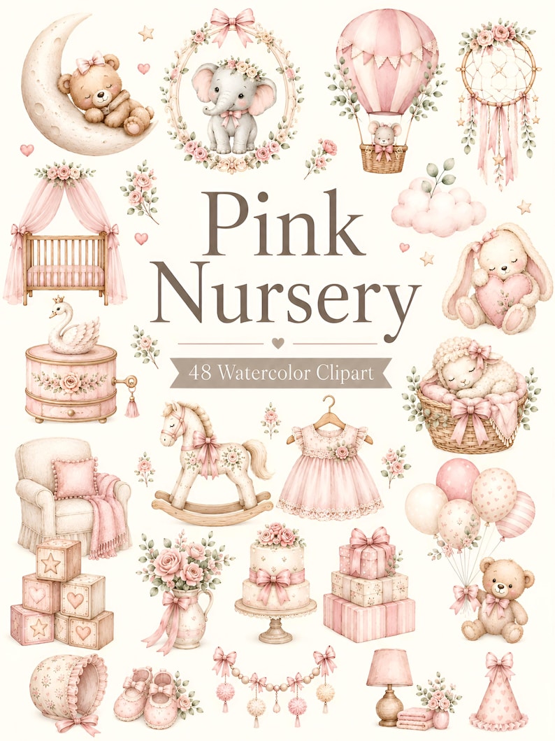 Watercolor Pink Nursery Clipart Bundle, Baby Girl PNG, Baby Shower ...