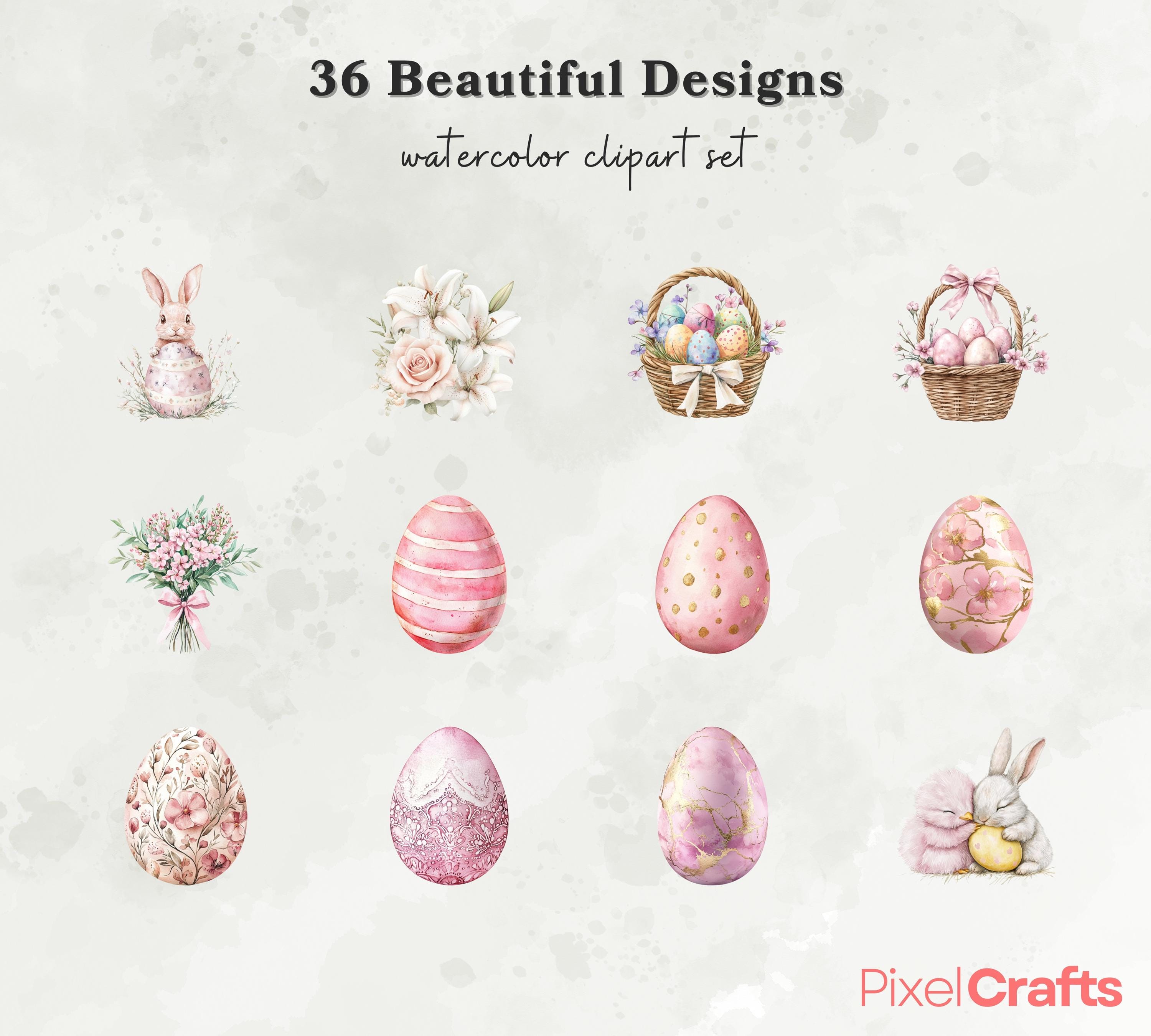 Watercolor Easter Clipart, Pink Easter Eggs Clipart, Spring Clipart ...