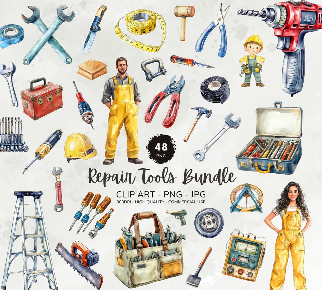 Repair Tools Clipart Bundle, Watercolor Hand Tool Png, Construction ...