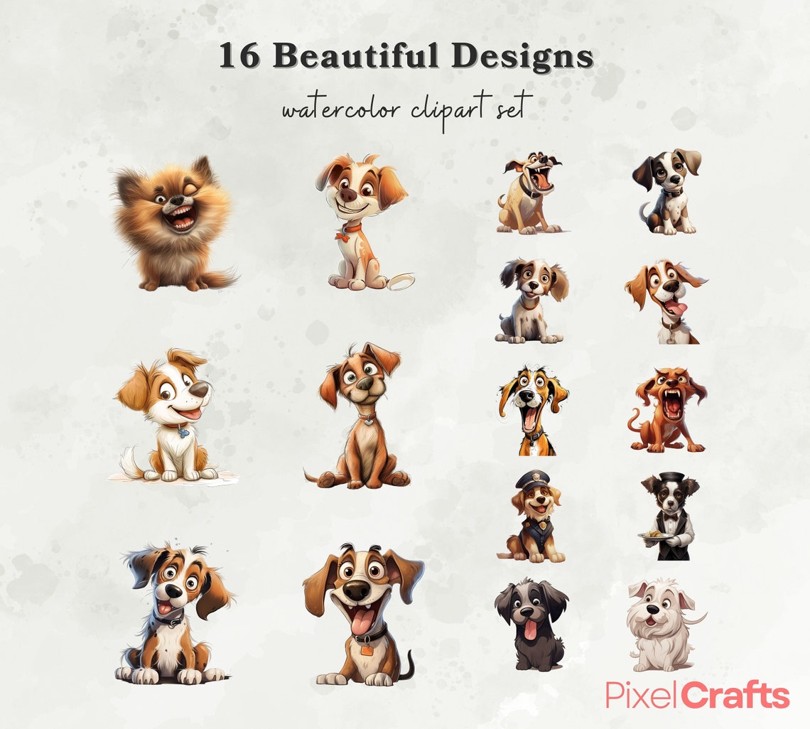 Funny Dog Clipart Bundle, Quirky Dog Watercolor Clipart, Cute Pets ...