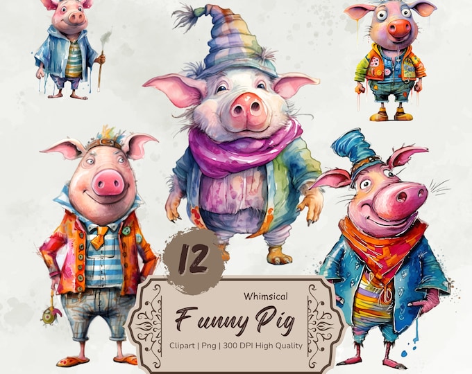 Whimsical Pig Clipart, Quirky Pig Art (300 DPI Jpgs) (commercial Use ...