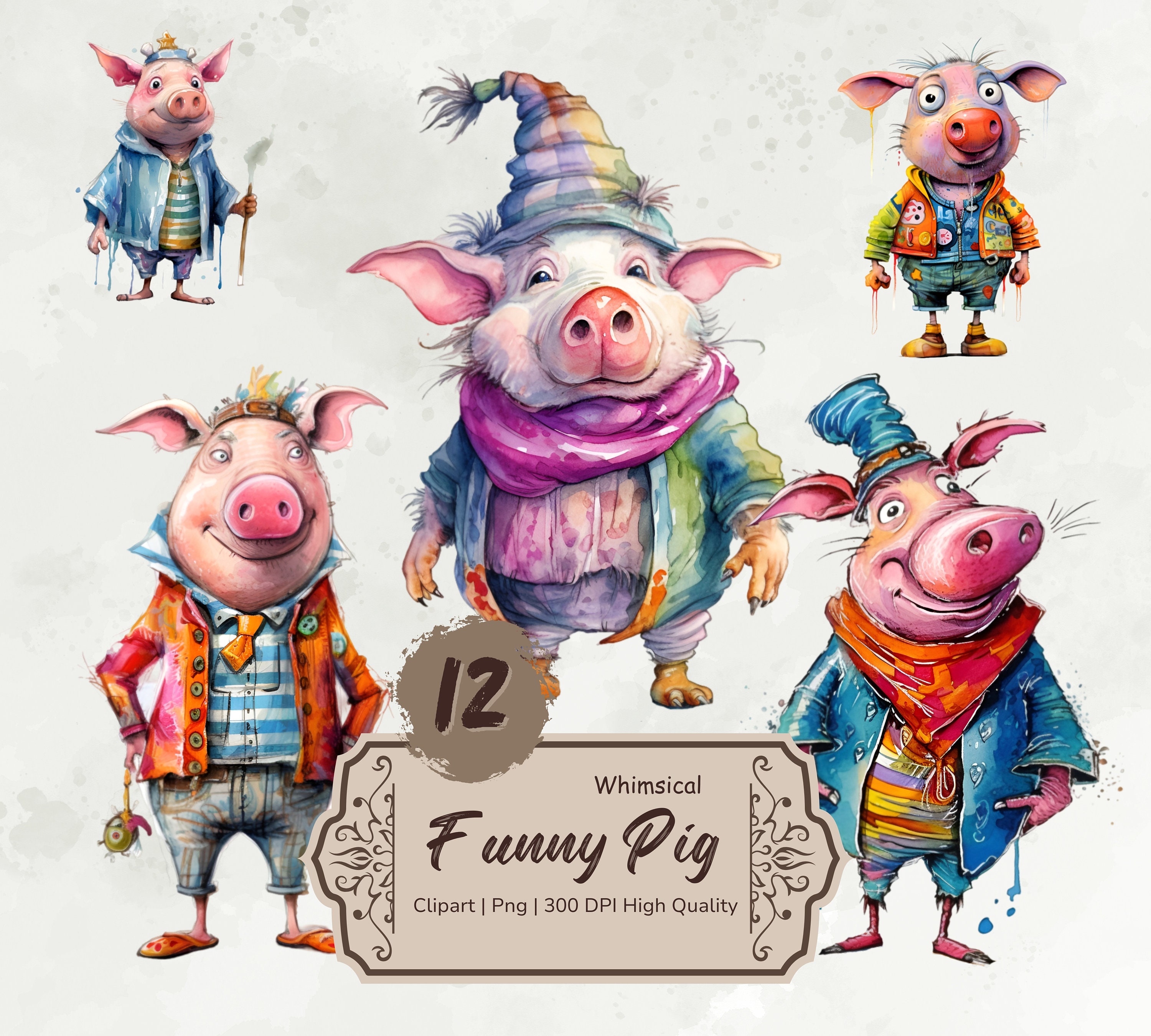 Watercolor Funny Pig Clipart, Whimsical Cute Piglet Clipart, Quirky Pig ...