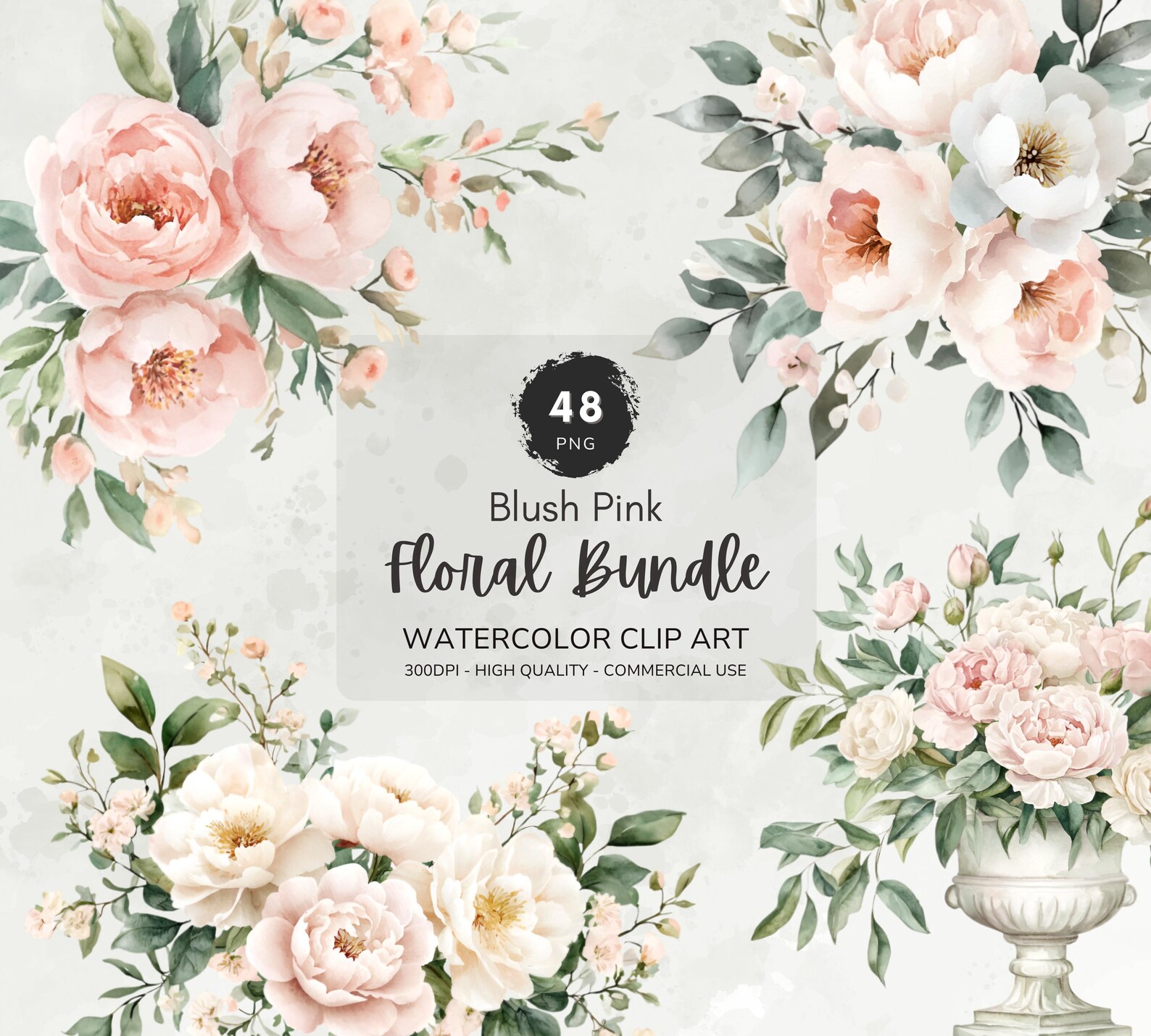Watercolor Floral Clipart, Blush Pink Floral Clipart Bundle, Floral ...