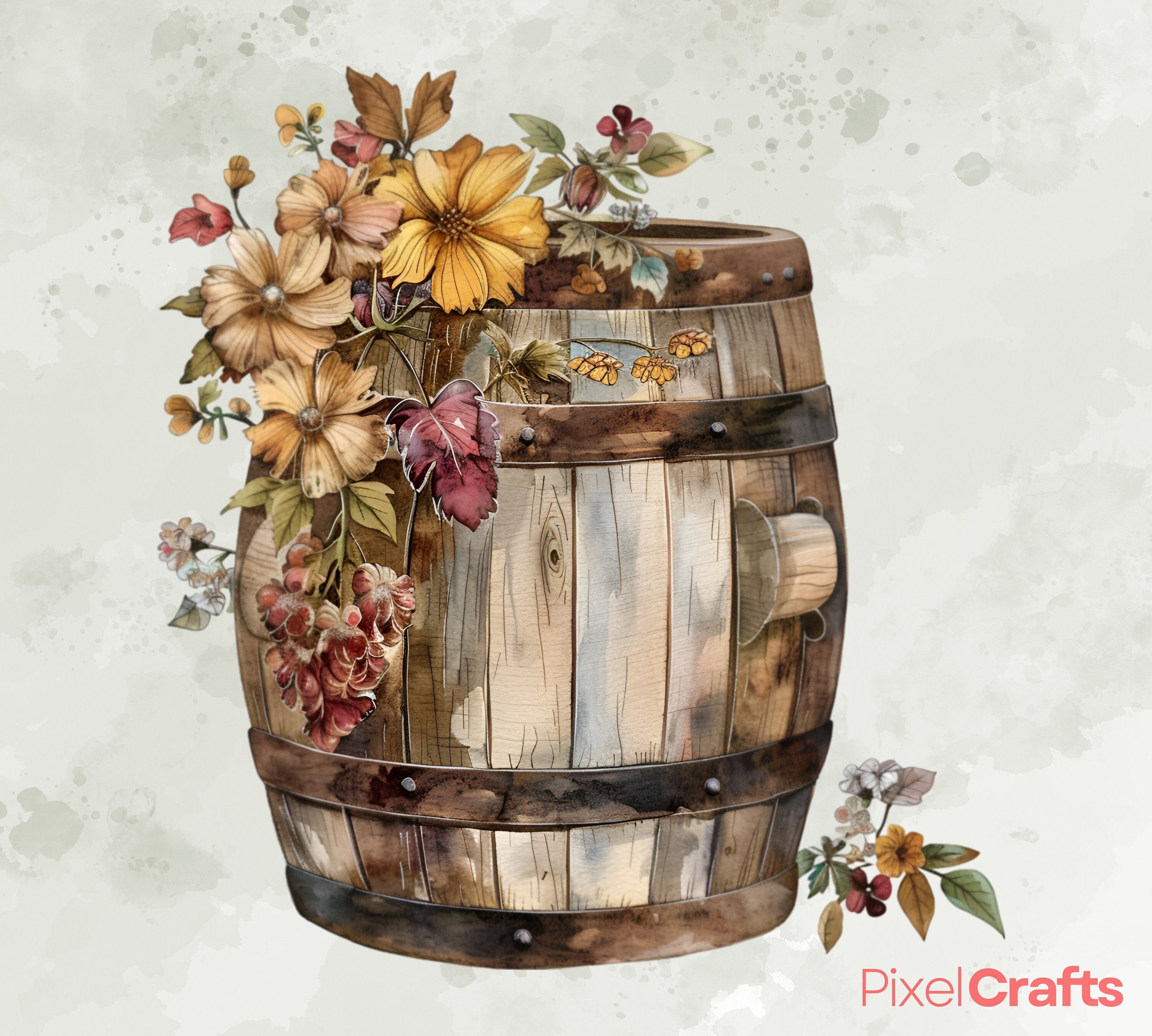 Floral Wooden Barrel Clipart, Garden Barrel, Floral Barrel Png, Spring ...